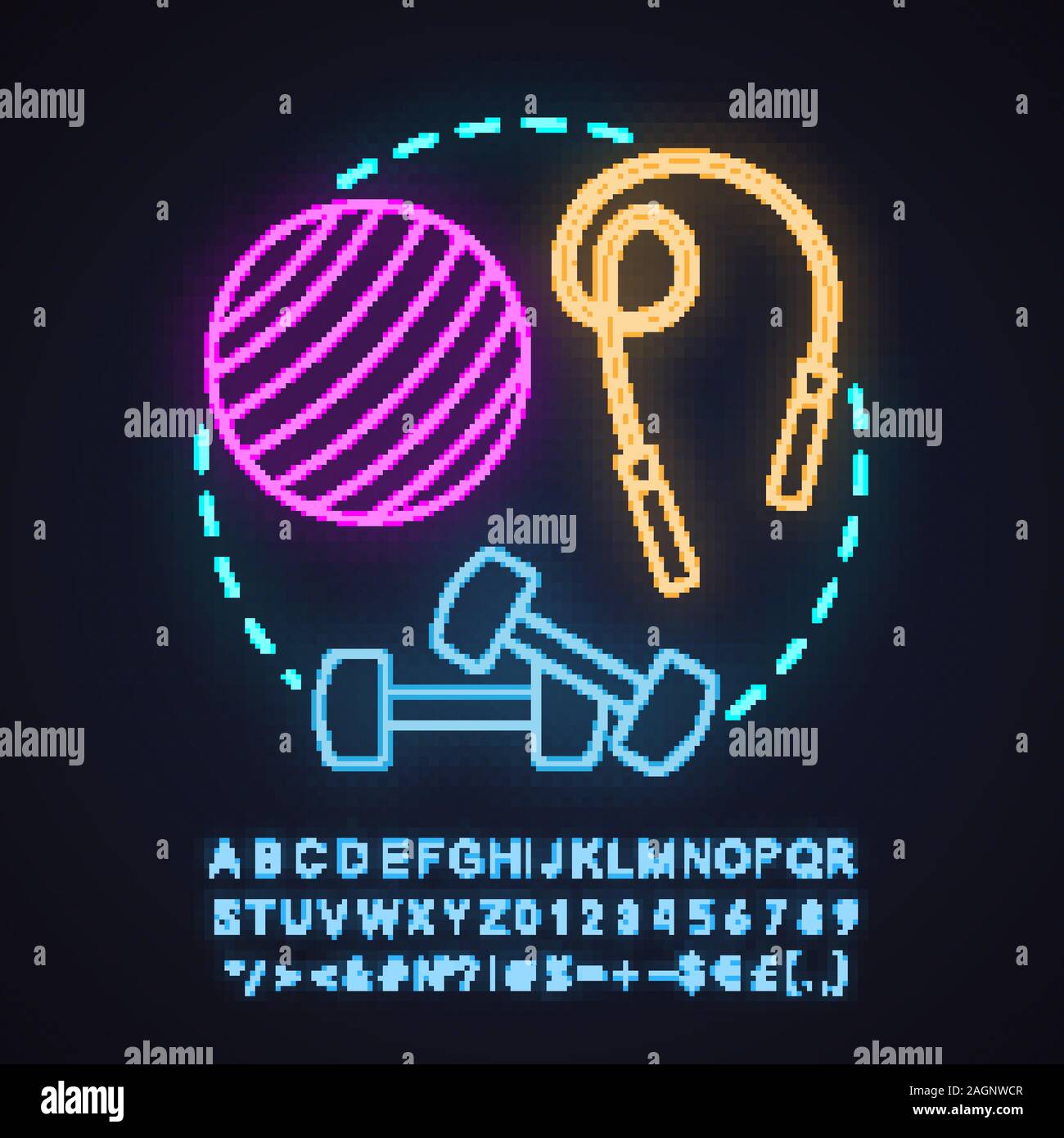 Gym neon light concept icon. Fitness idea. Sports equipment. Fitball ...