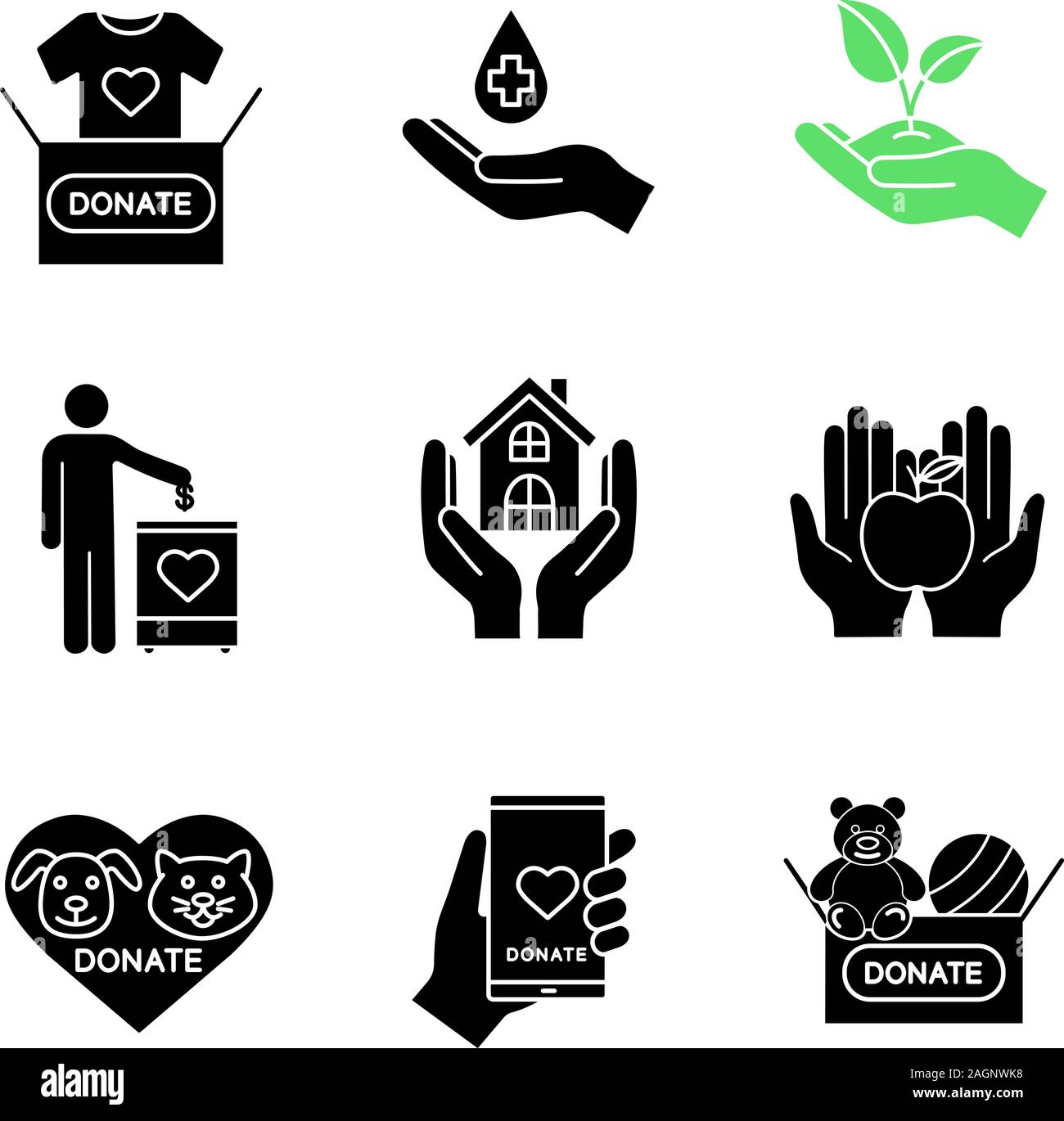 Charity glyph icons set. Silhouette symbols. Blood, toys, clothes, food ...