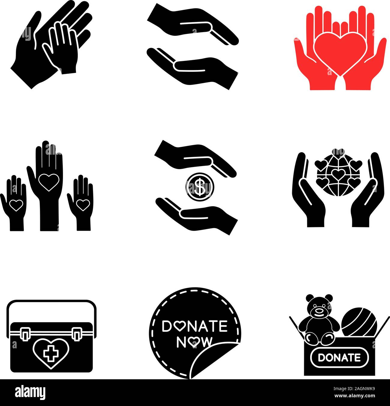 Charity glyph icons set. Silhouette symbols. Helping hands, donate now ...
