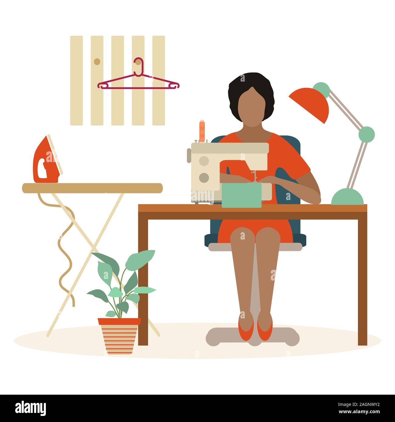 Vector illustration on white background Woman seamstress works on ...
