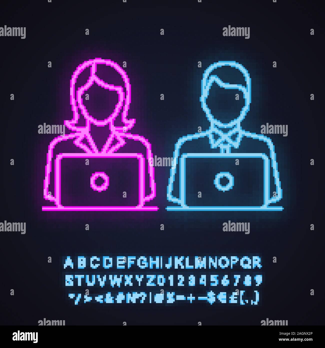Coworking neon light icon. Office work. Freelancing. Colleagues working with laptops. Glowing ...