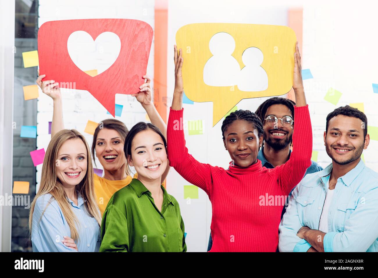 Teamwork in office happy to receive friends, follower and like from ...