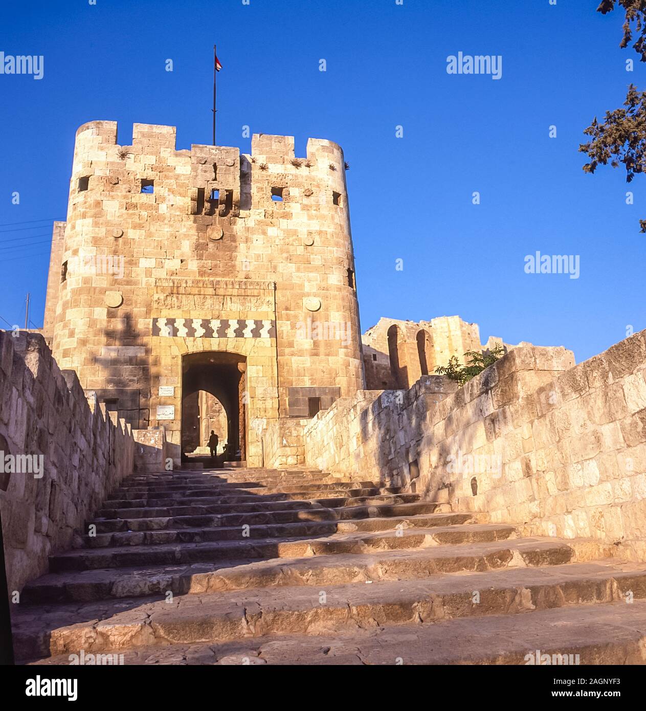 Syria. The main entrance to the formidable Citadel Fortress that ...