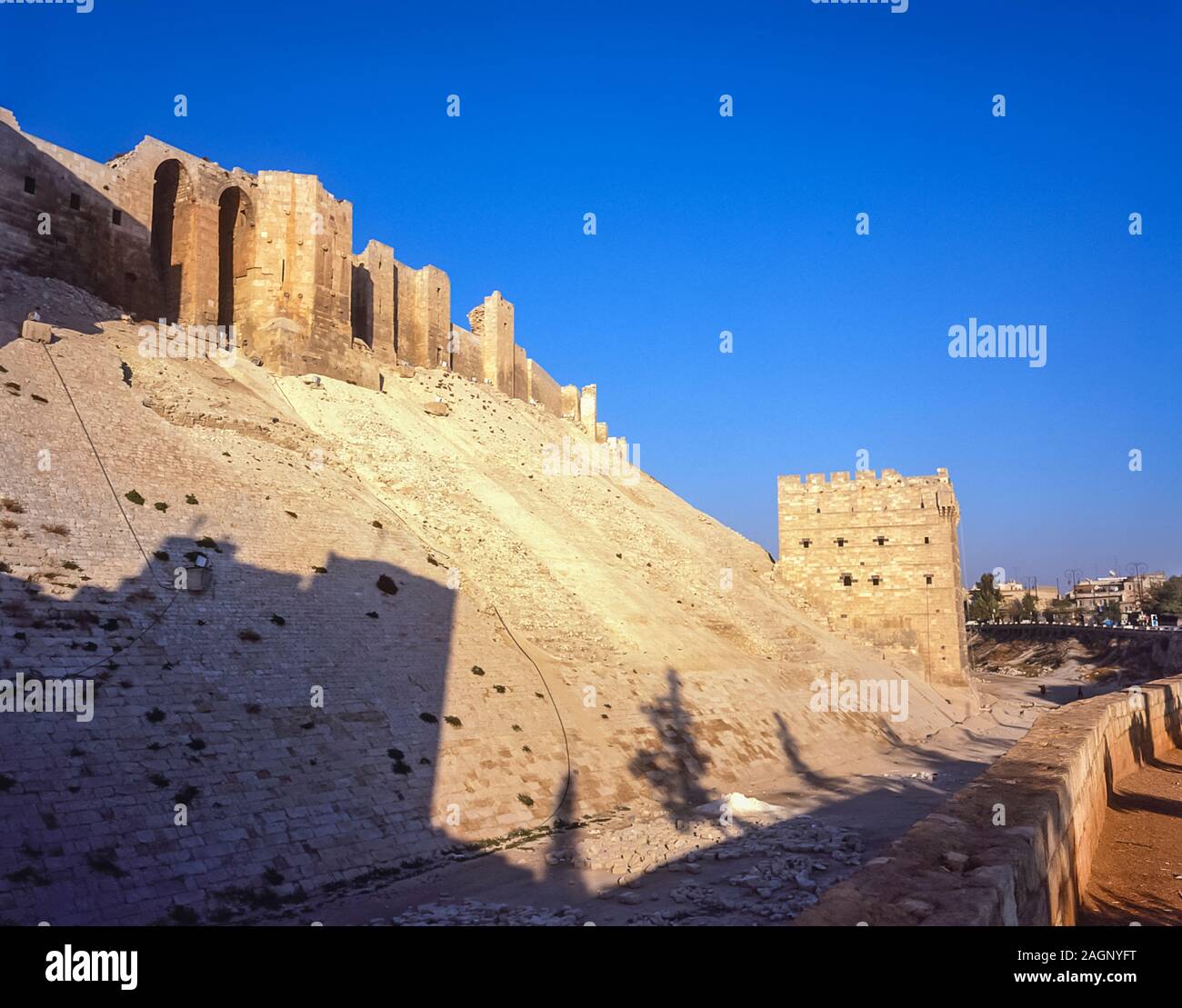 Syria. The exterior walls and moat area at the formidable Citadel ...