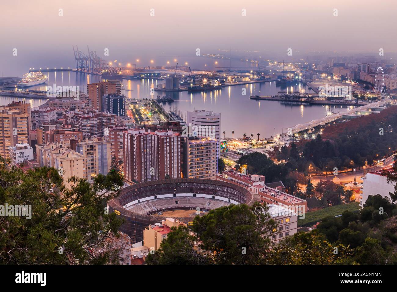 Malaga in the evening mood on the Spanish Mediterranean coast. City ...