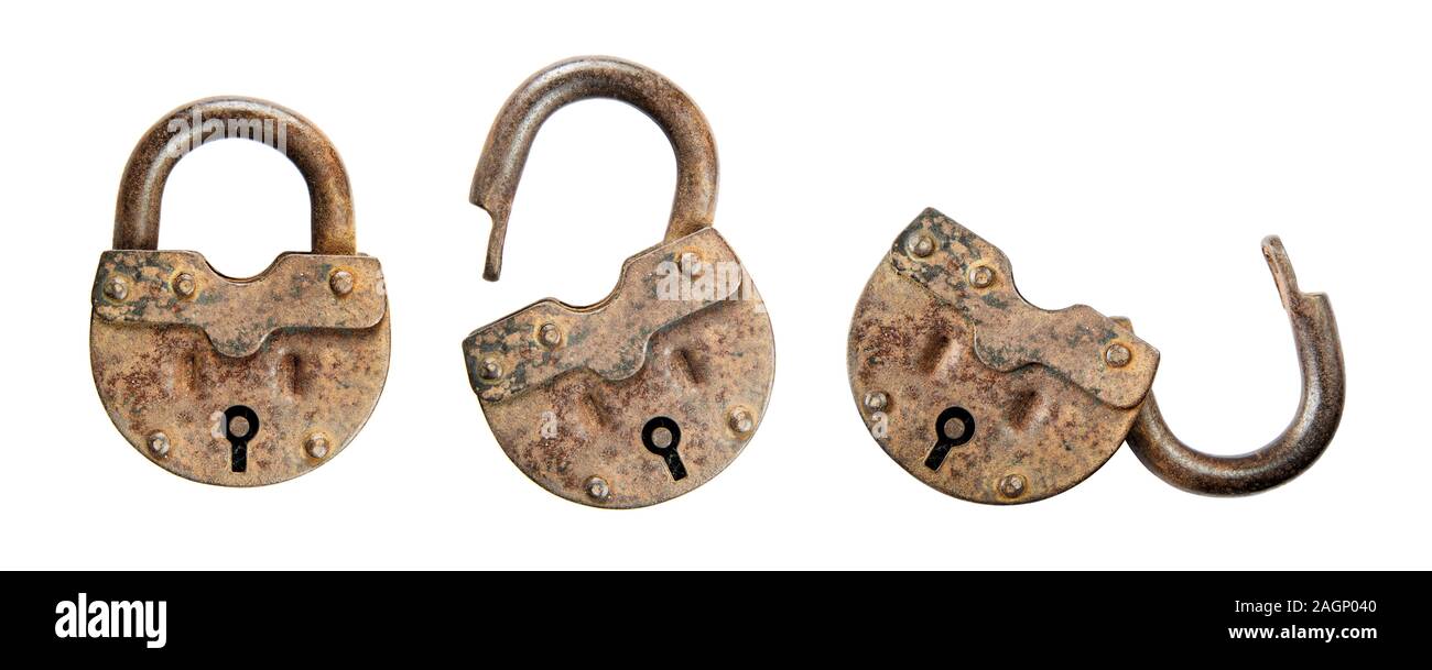Set of open and closed old padlocks isolated on a white background ...