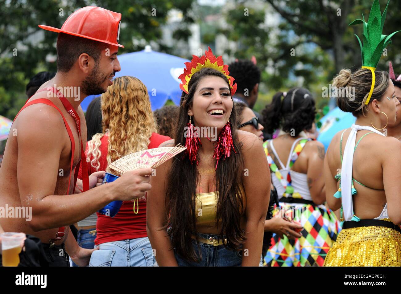 South America, Brazil - March 3, 2019: Couple in costume enjoying ...