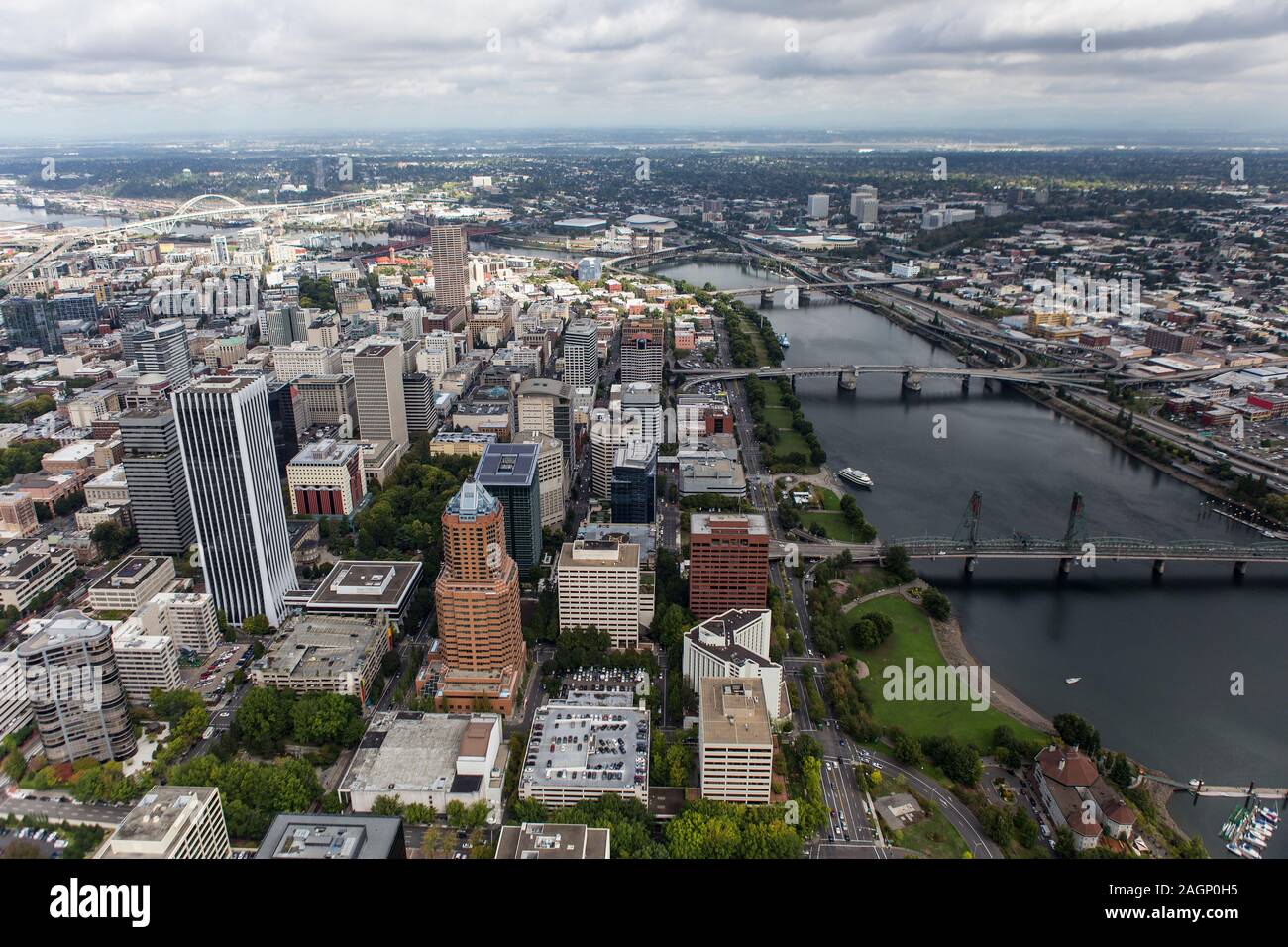 Aerial cityscape view of the Williamette River, buildings, bridges and ...