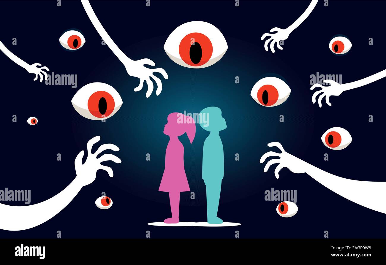 The children with scary eyes watching them. Conceptual Poster Stock ...