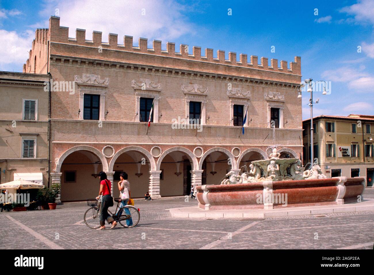 Italy, Marche, Pesaro, Piazza del Popolo Square, Fountain background ...