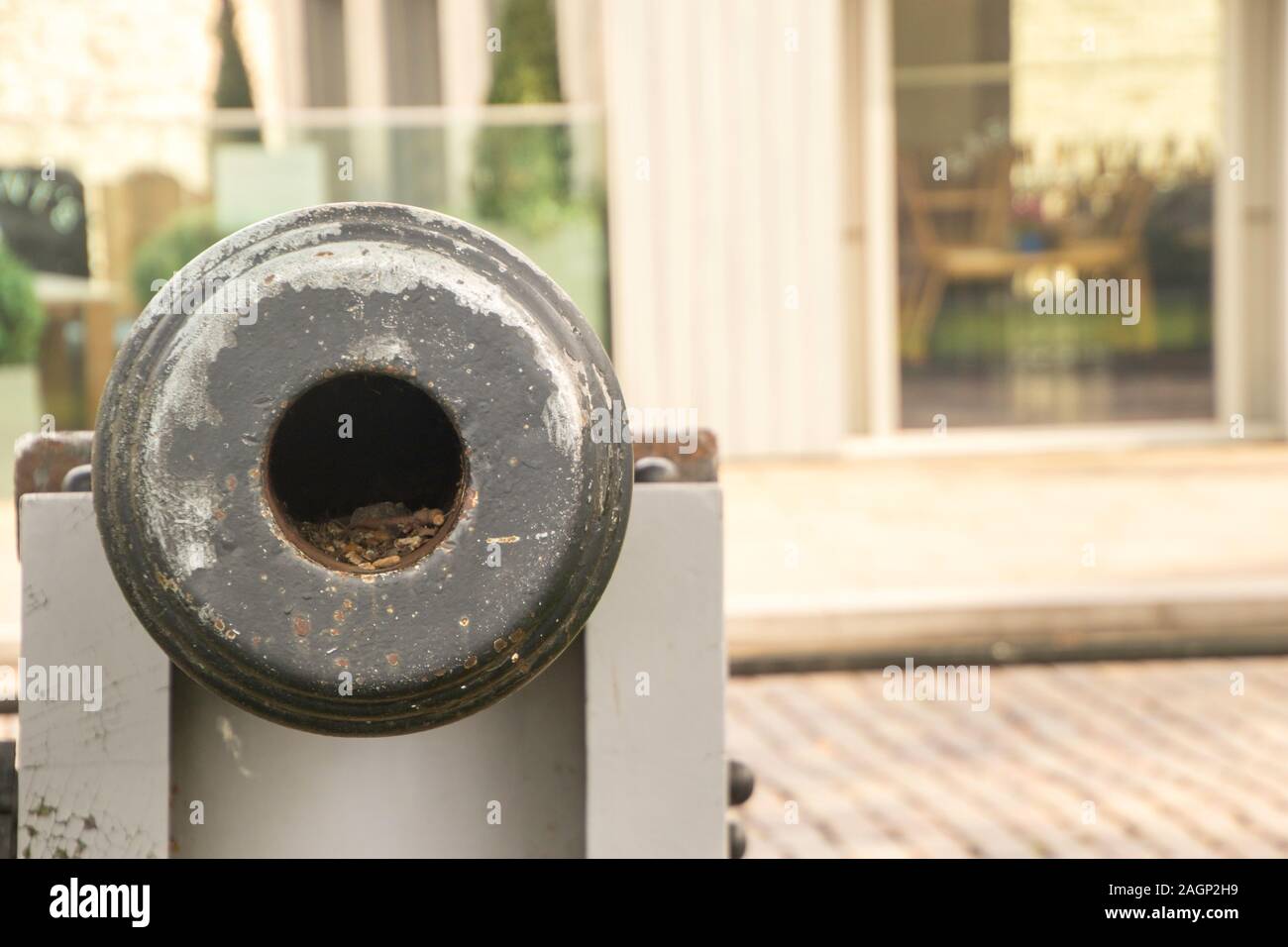 A very old Cannon weapon seen from the front where the ball bearing ...
