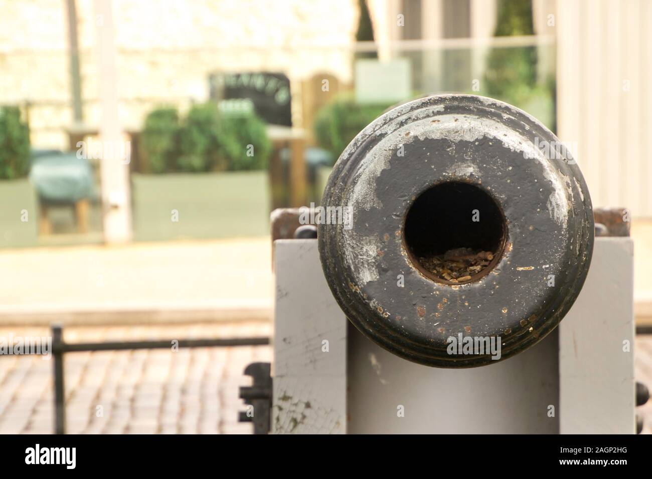 A very old Cannon weapon seen from the front where the ball bearing ...