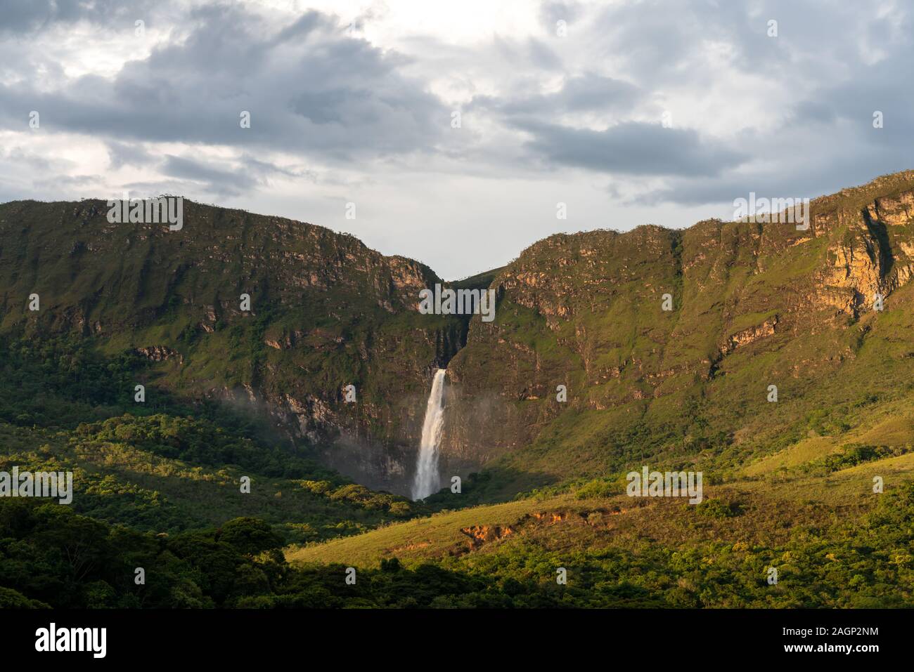 Huge waterfall (Casca d'anta) through the Serra da Canastra canyons in ...