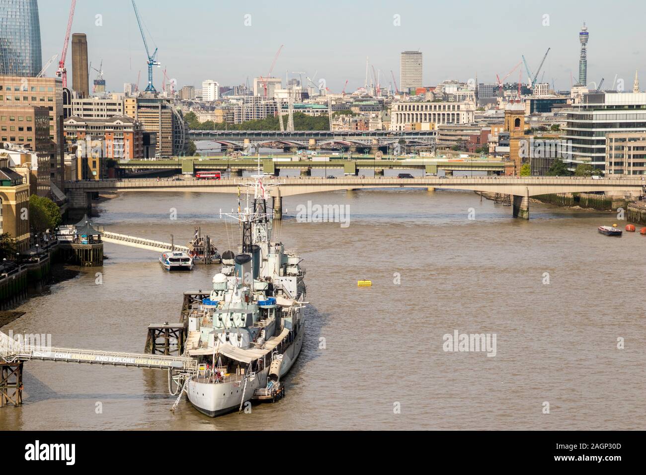 August 21, 2019 – Rover Thames, London, United Kingdom. HMS Belfast, a ...