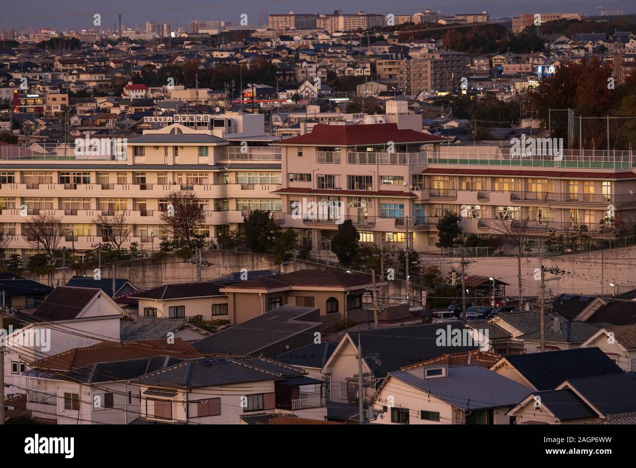 Overhead view of typical Japanese school building at dusk Stock Photo ...