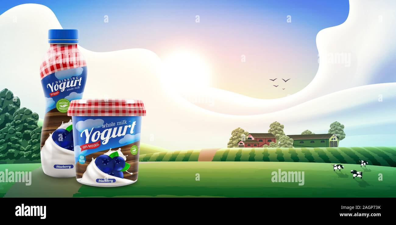 Yogurt packaging design on rural outdoor background with blueberry ...
