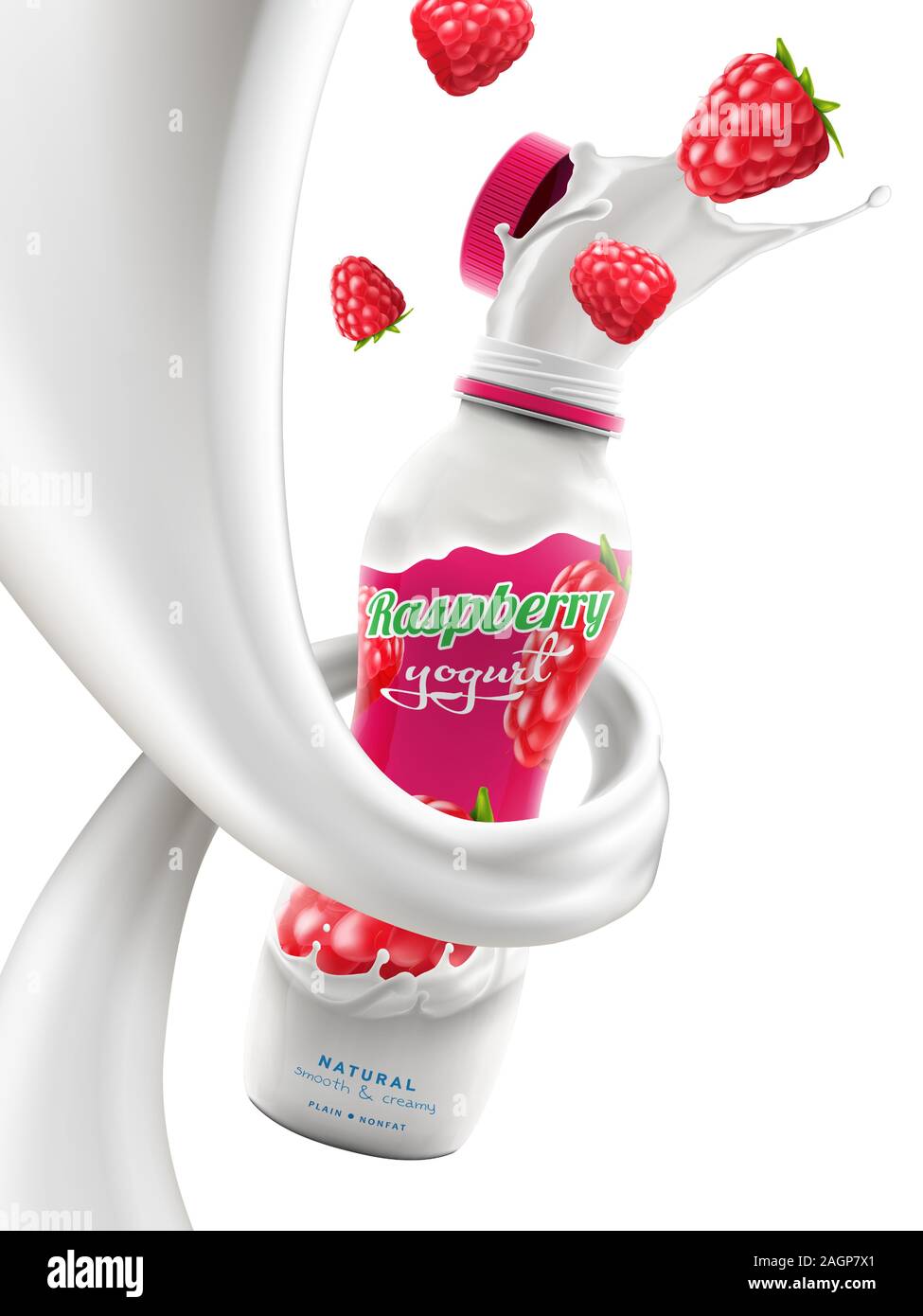 Yogurt bottle ads with flavor in milk swirl commercial vector mock-up ...