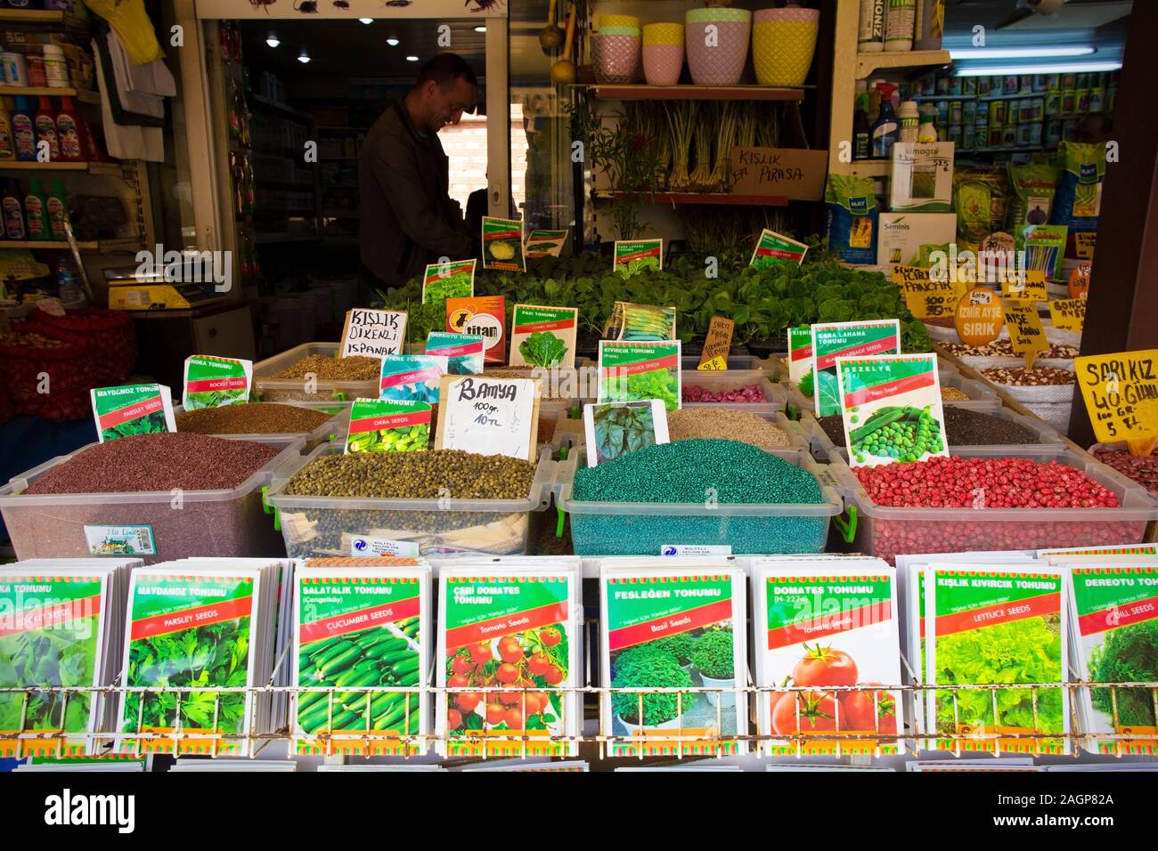 Istanbul, Turkey - September 19th 2019. A stall selling vegetable seeds ...