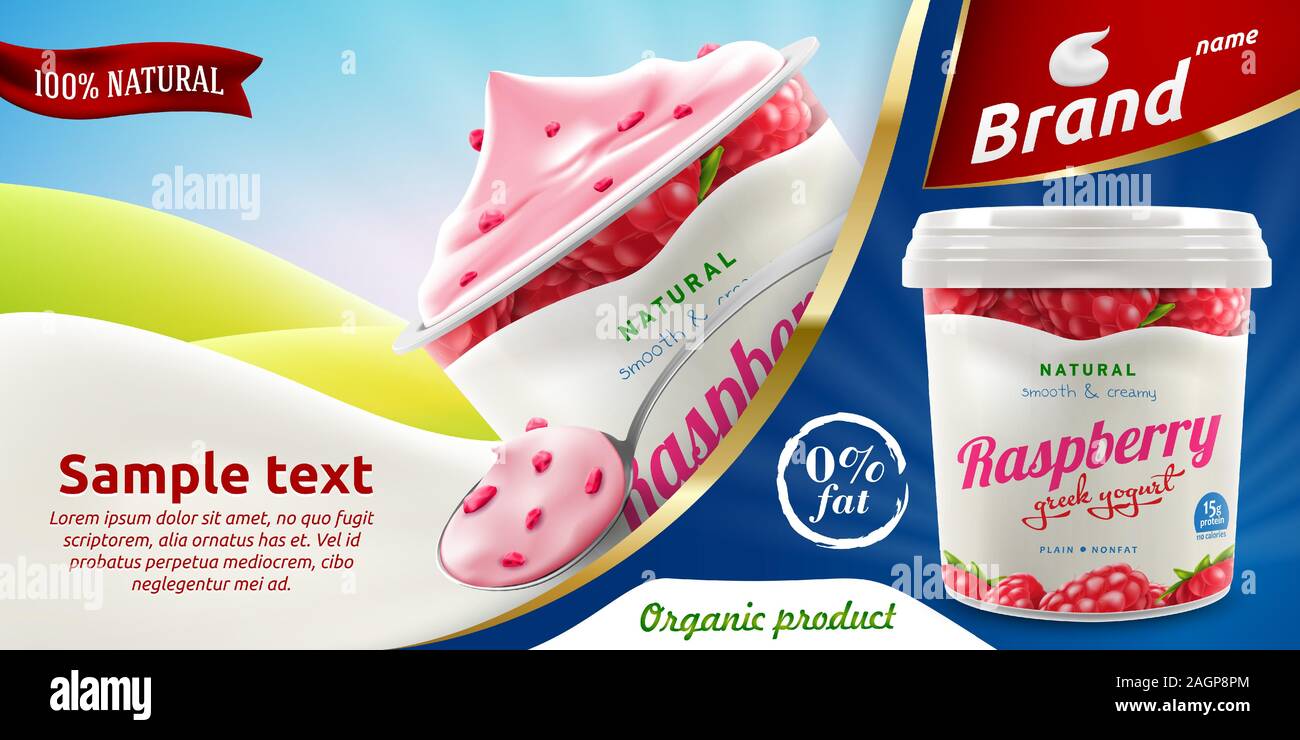 Natural Raspberry Greek Yogurt ads flyer with spoon of yoghurt or cream ...