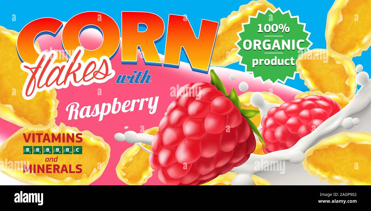 Realistic corn flakes with sweet delicious Raspberry ad illustration ...