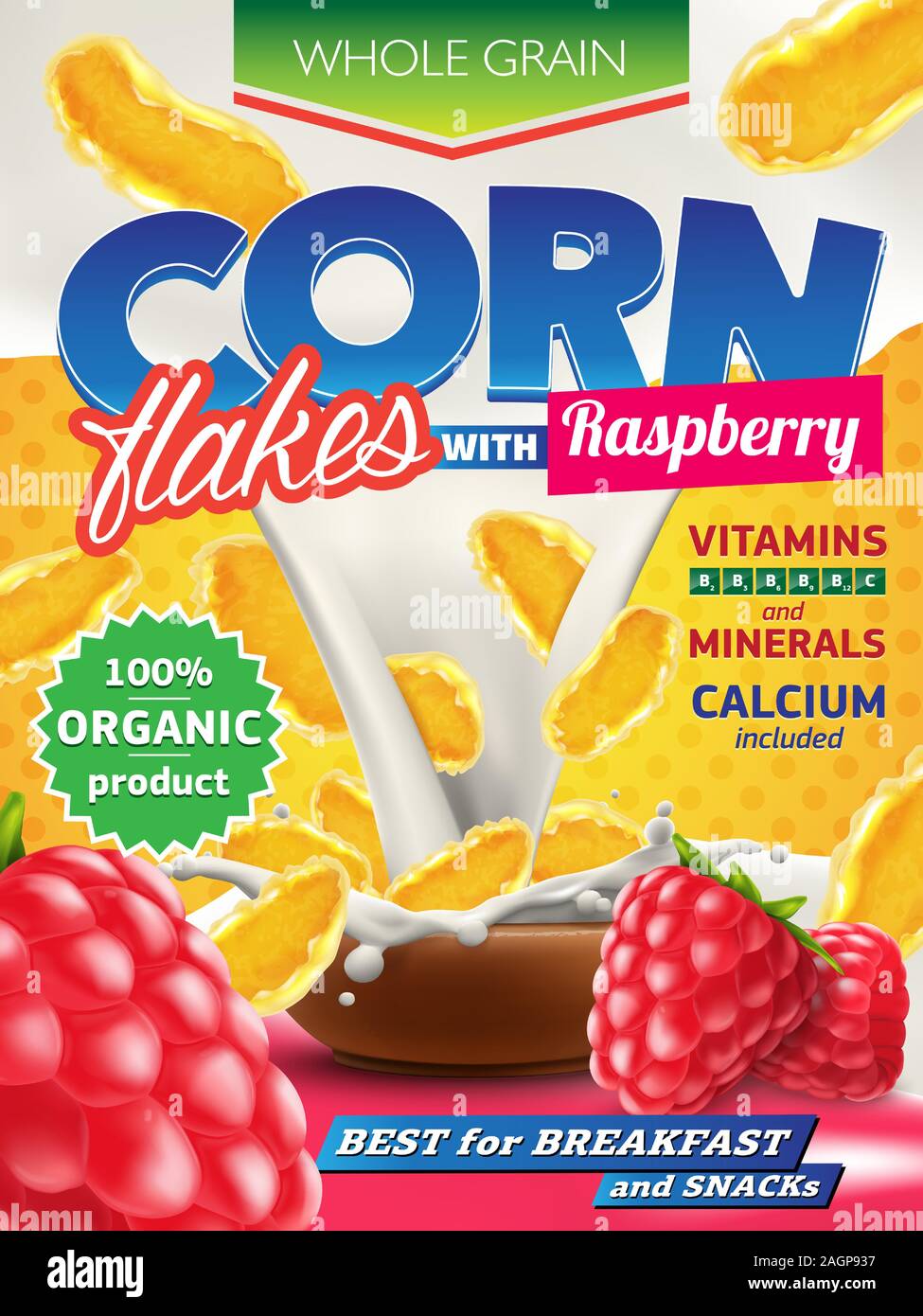 Realistic corn flakes with sweet delicious raspberry ad illustration ...