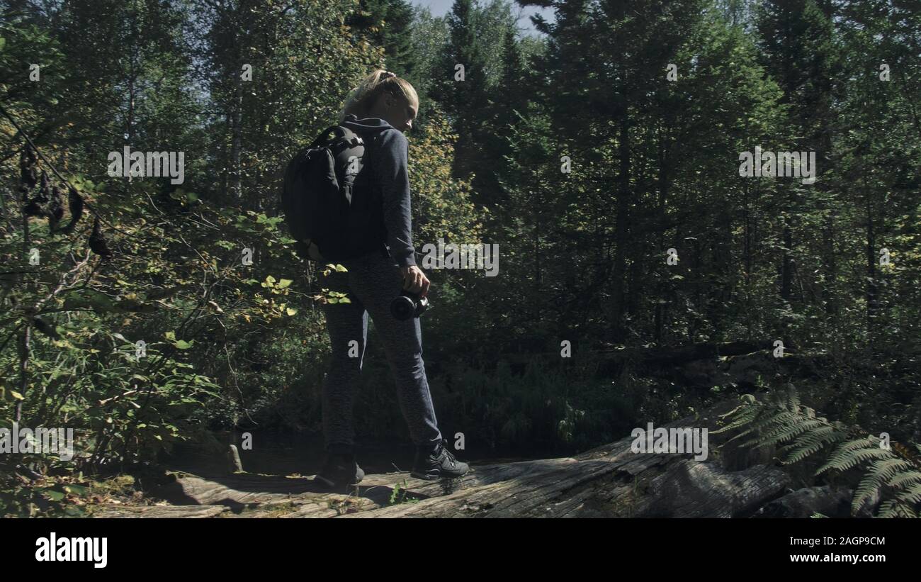 Traveler photographing scenic view in forest river. Wood bridge fallen ...