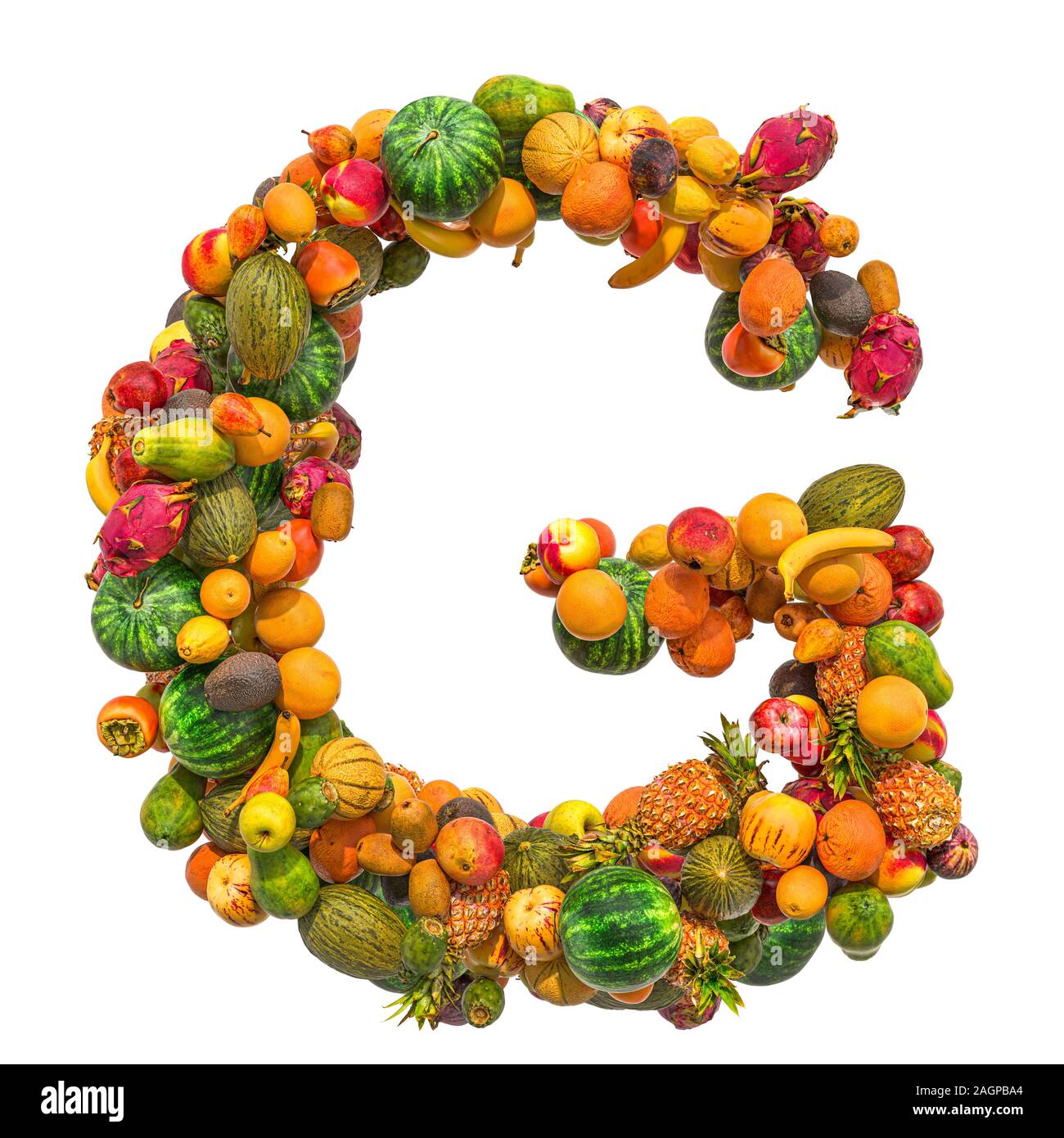 Letter G, fruit font. 3D rendering isolated on white background Stock ...