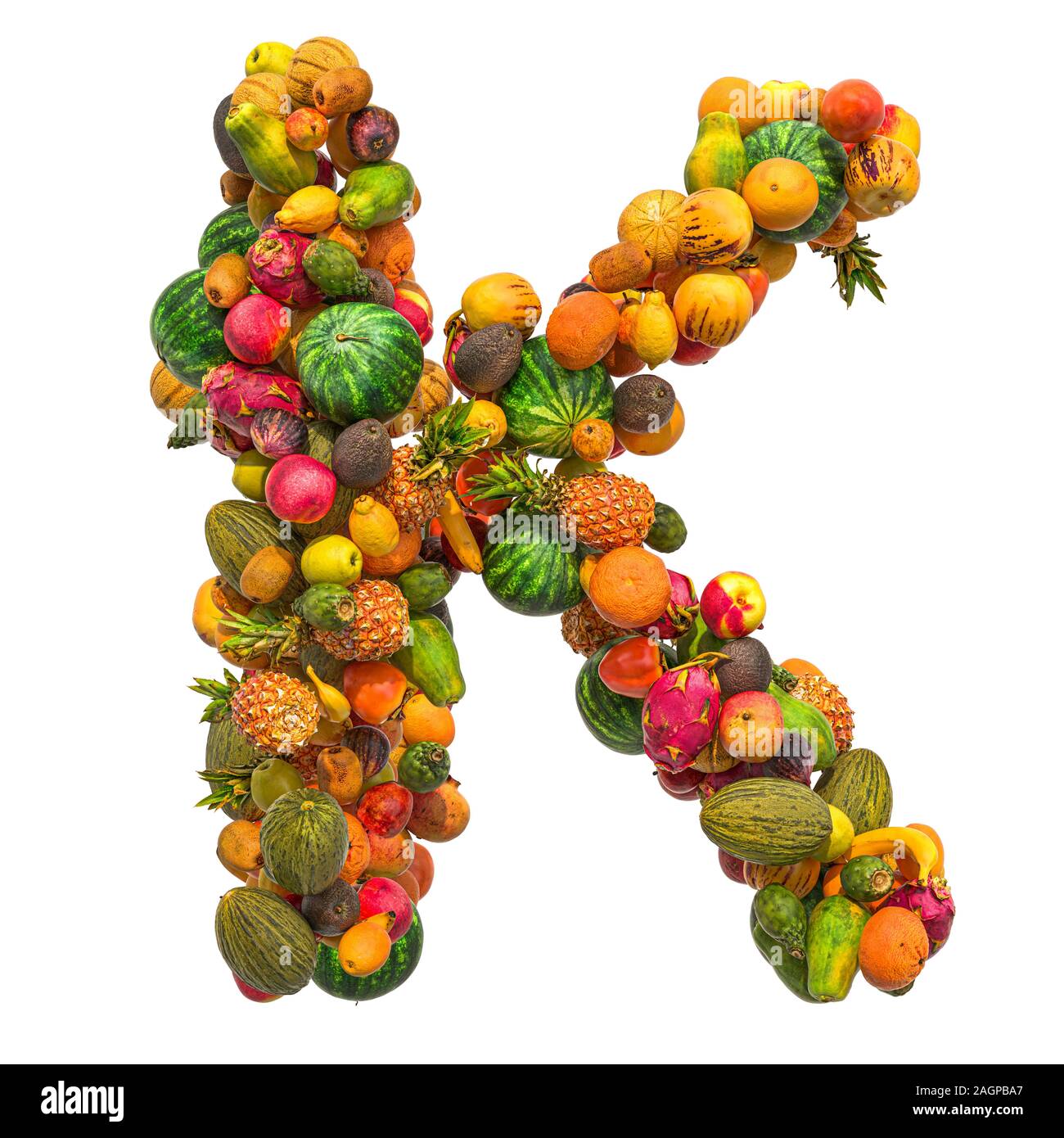 Letter K, fruit font. 3D rendering isolated on white background Stock ...