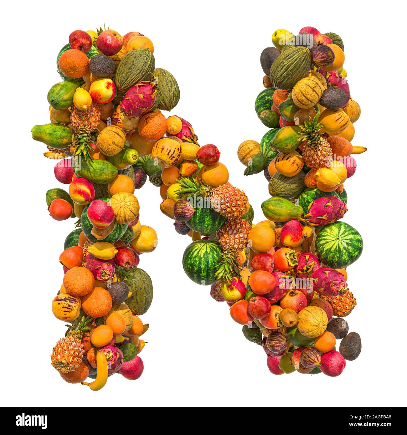 Letter N, fruit font. 3D rendering isolated on white background Stock ...