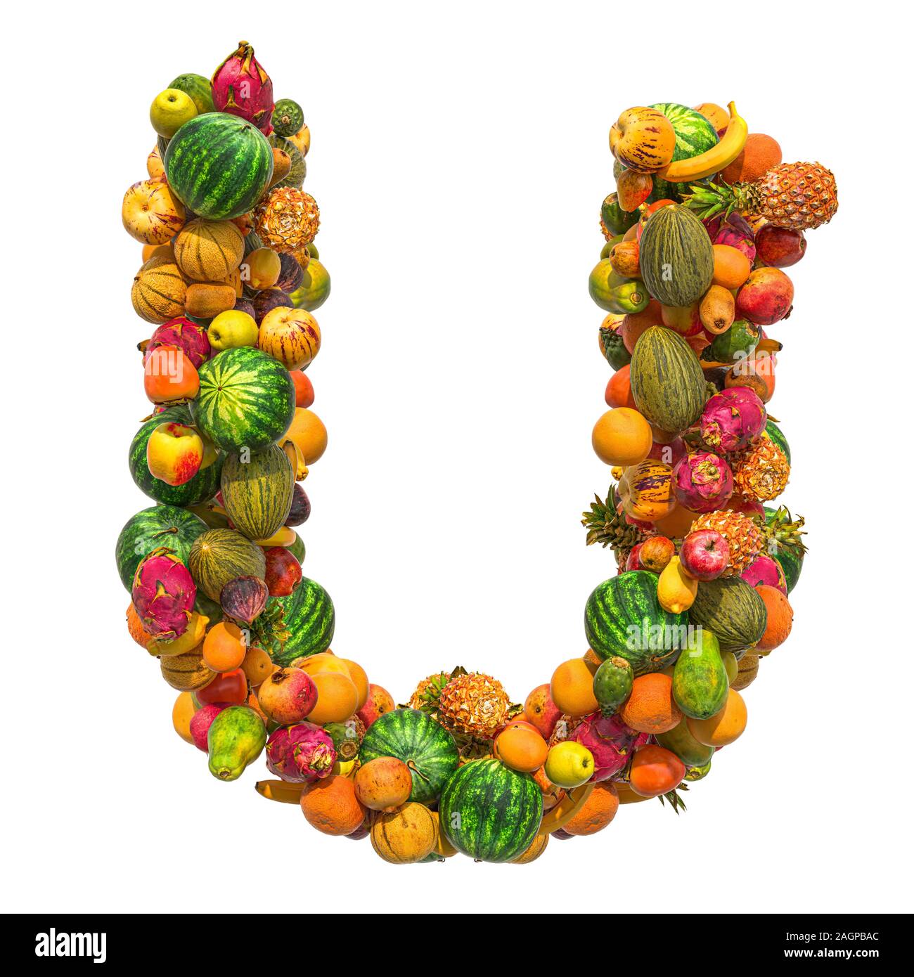 Letter U, fruit font. 3D rendering isolated on white background Stock ...