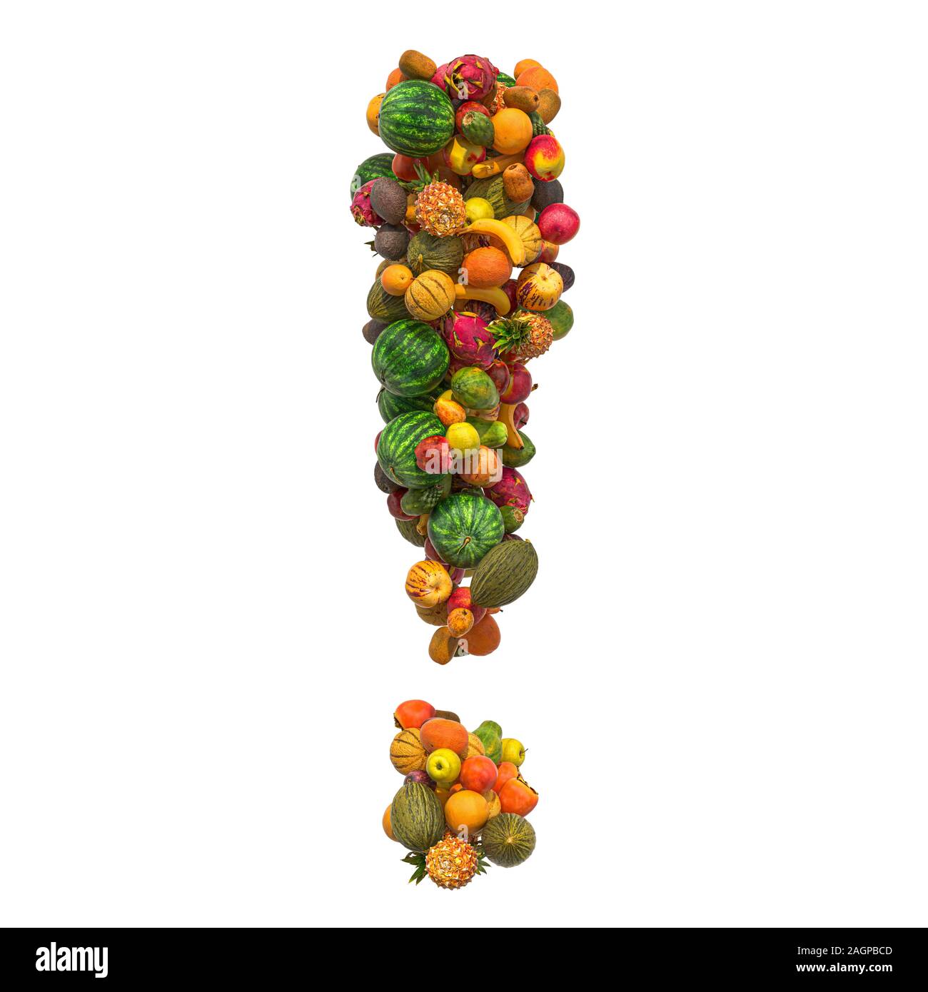 Exclamation mark from fruits, 3D rendering isolated on white background ...