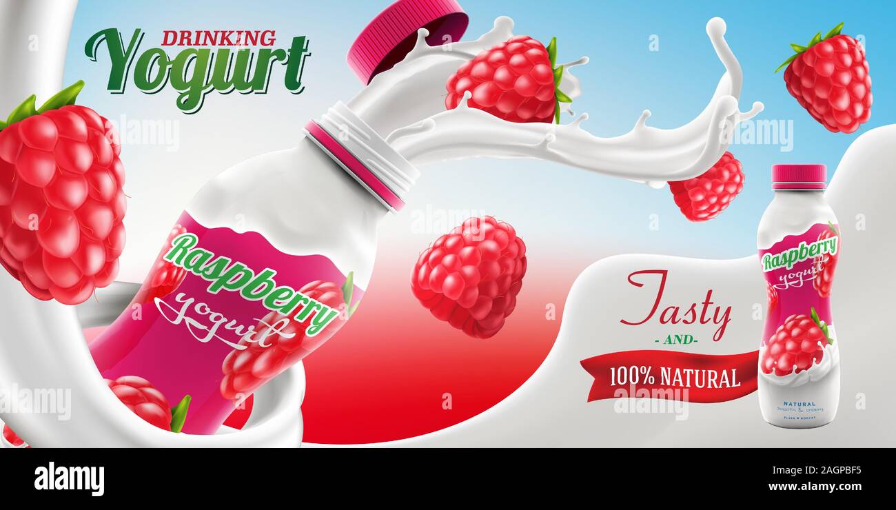 Drinking yogurt ads with natural raspberry taste and flavor with ...