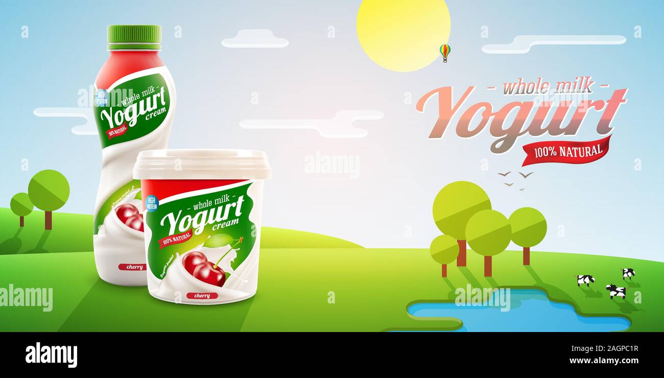 Cherry yogurt packaging design on shiny outdoor background with trees ...