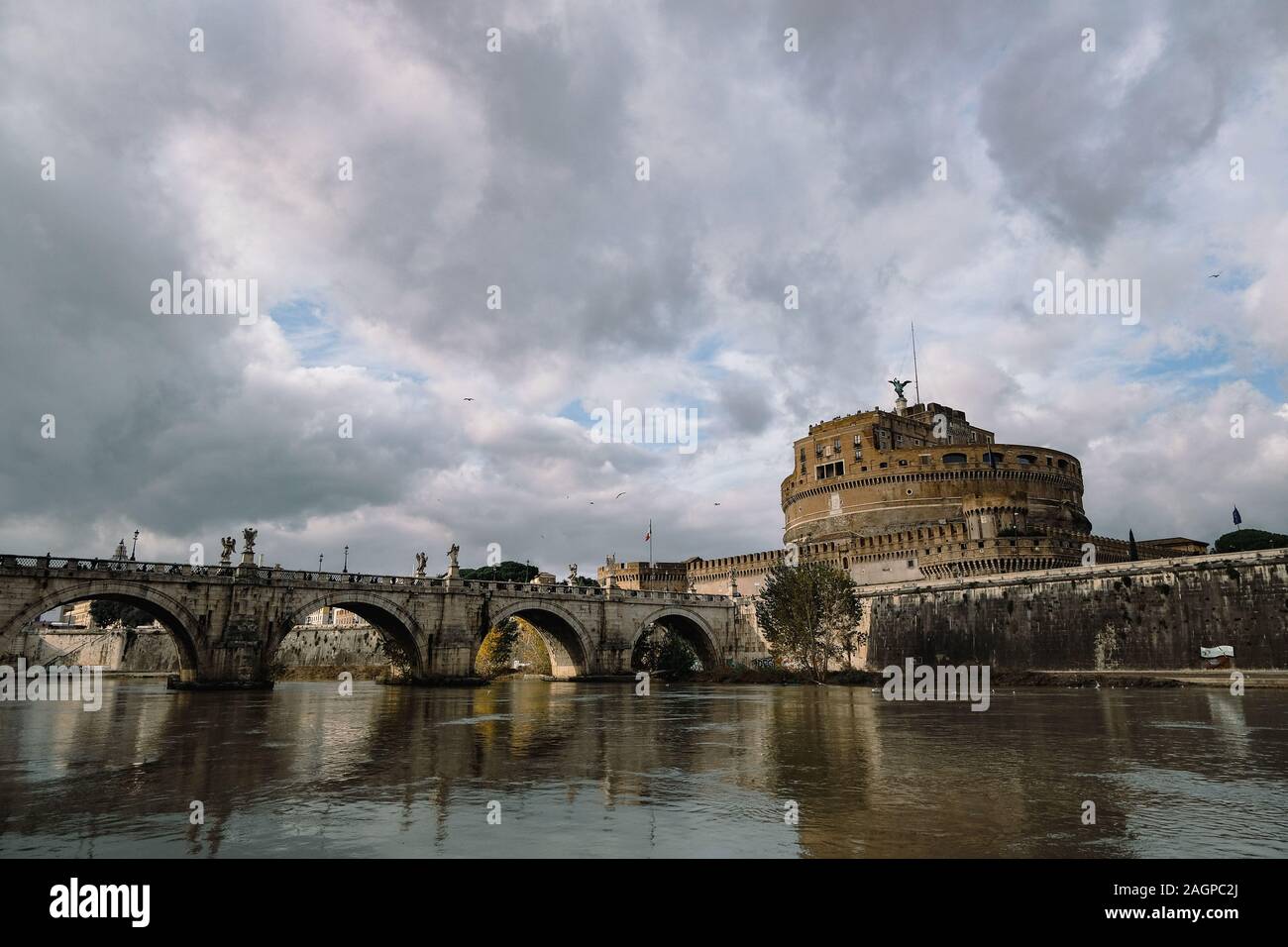 Rome,Santangelo castle bridge view with people tourists walking,tiber ...