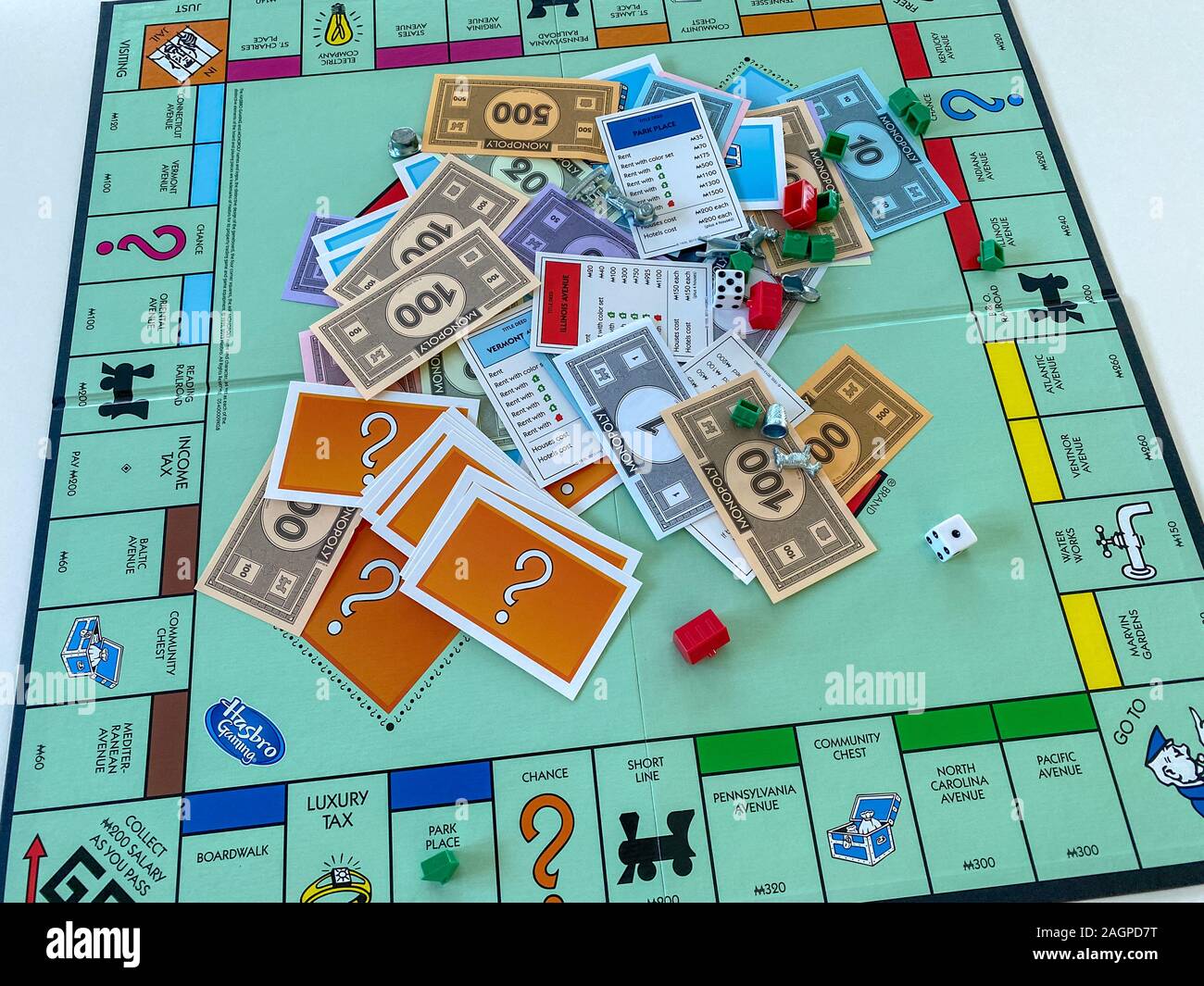 Orlando, FL/USA-12/20/19: Pieces for the game Monopoly by Hasbro on a ...