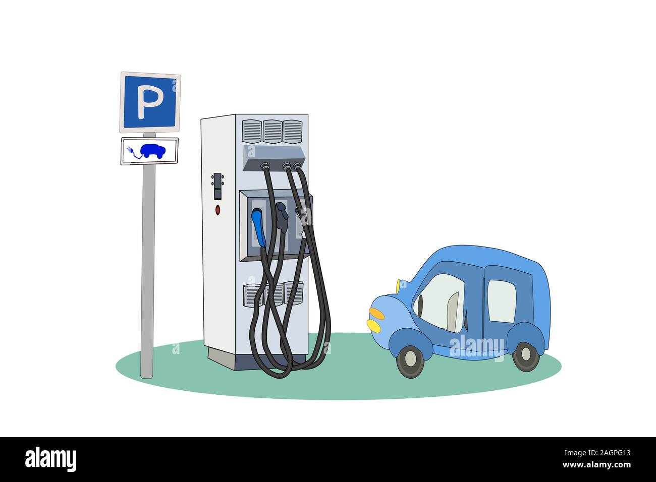 Blue electric car in the charger station isolated on white background ...