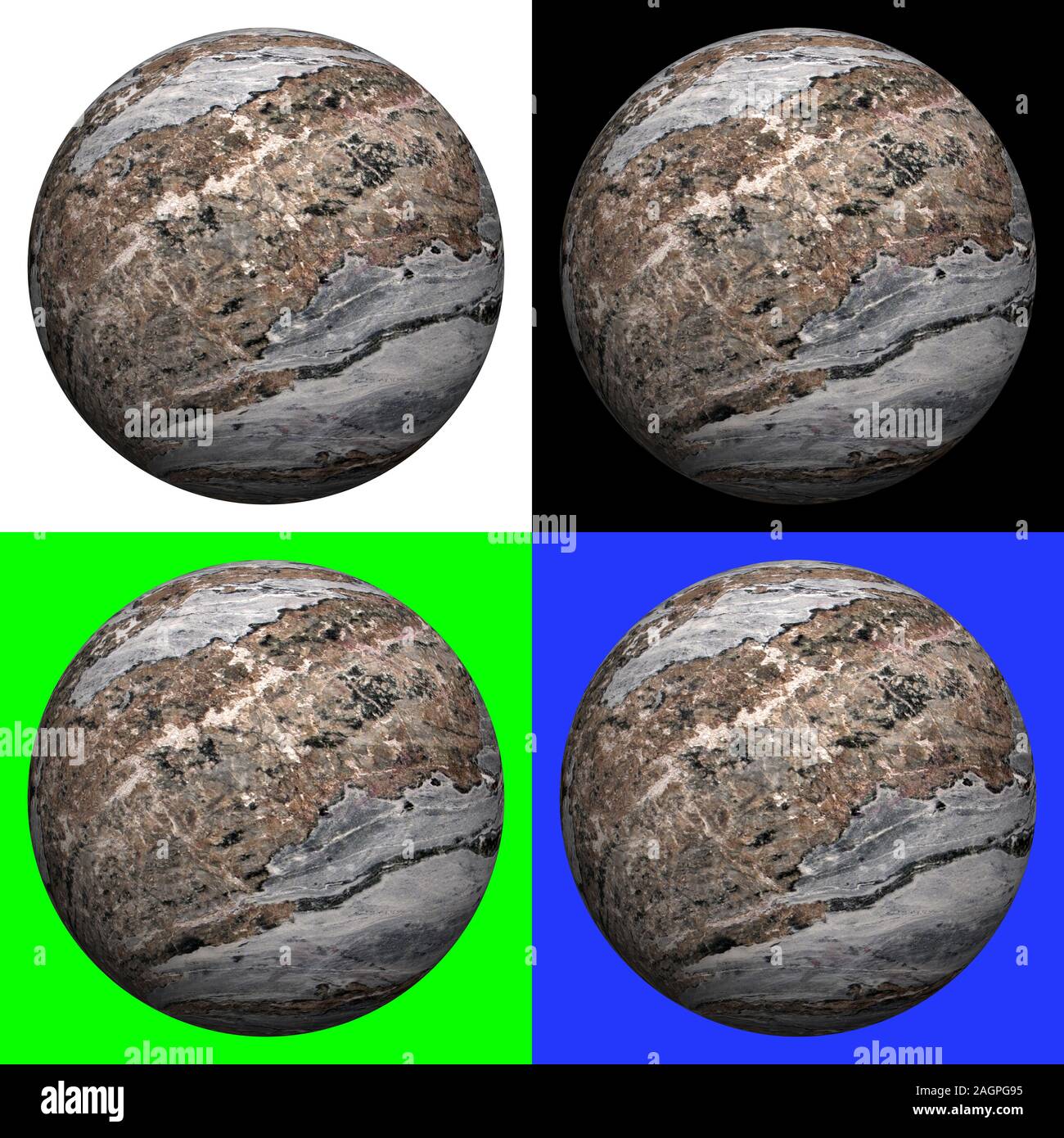 3D rendered marble ball on four different backgrounds - white, black ...
