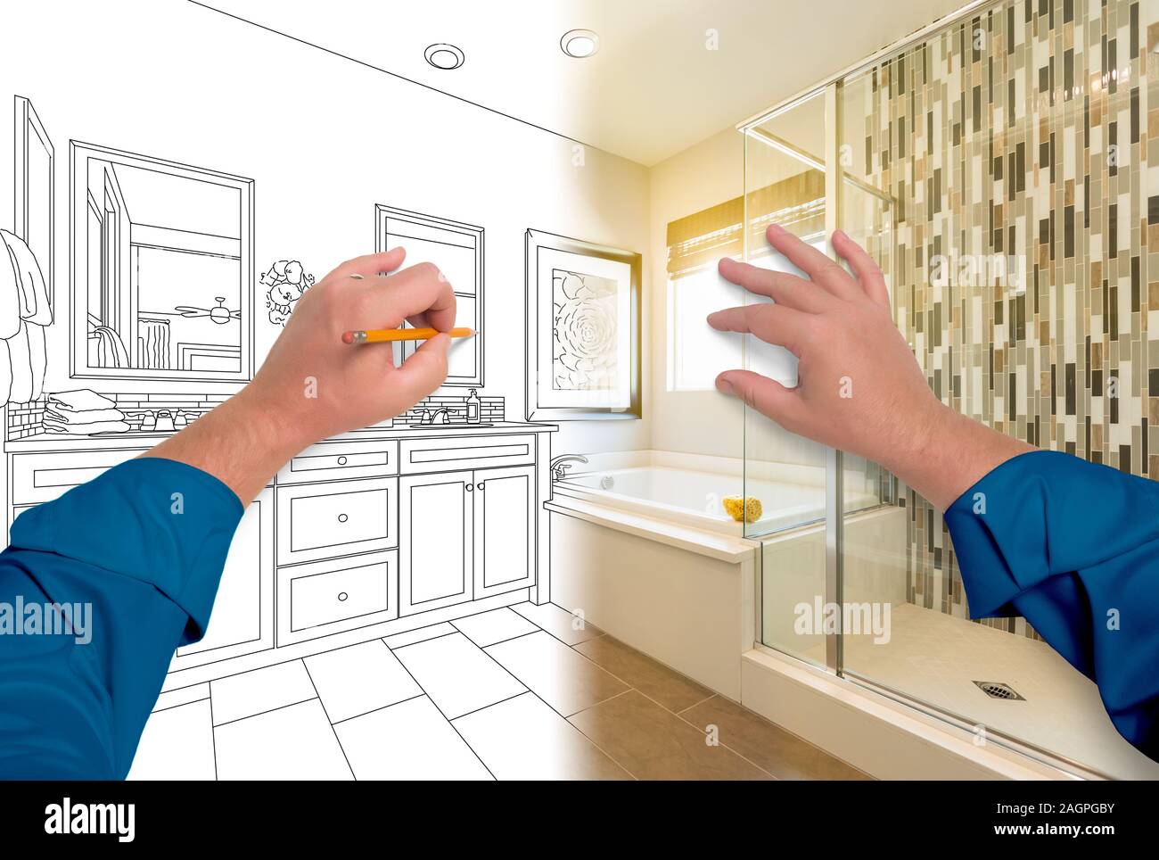 Male Hands Sketching Beautiful Custom Bathroom Gradating to Finished ...