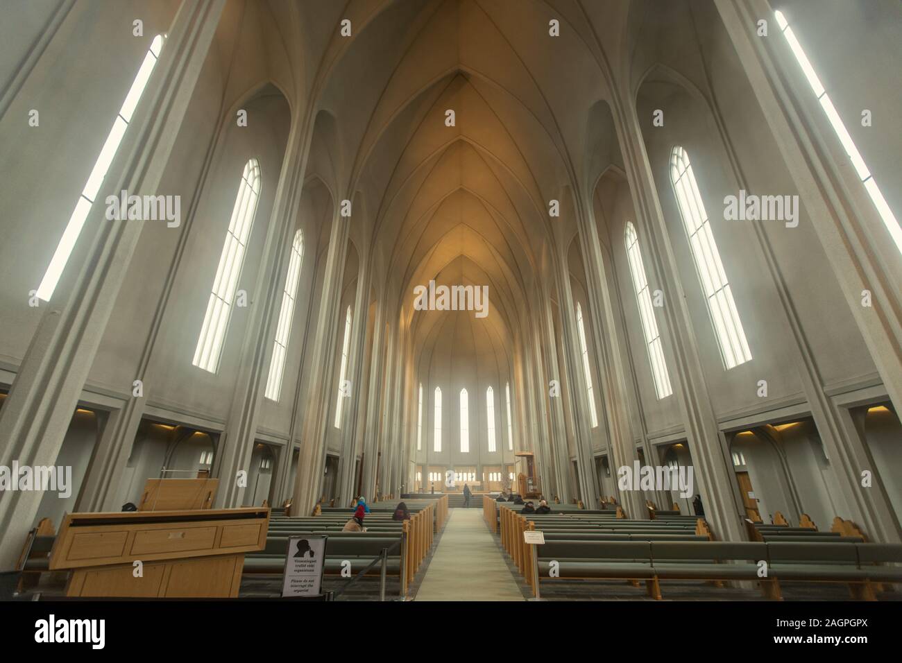Inside view of the high ceiling and columns of a Lutheran parish church ...