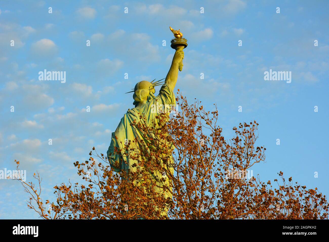 Closeup of the Statue of Liberty from behind with autumn trees, blue ...
