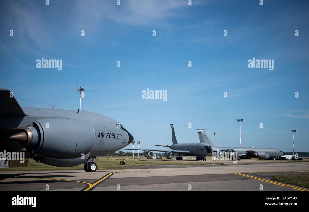 A KC-135 Stratotanker from the 351st Air Refueling Squadron taxis down the flightline at RAF ...