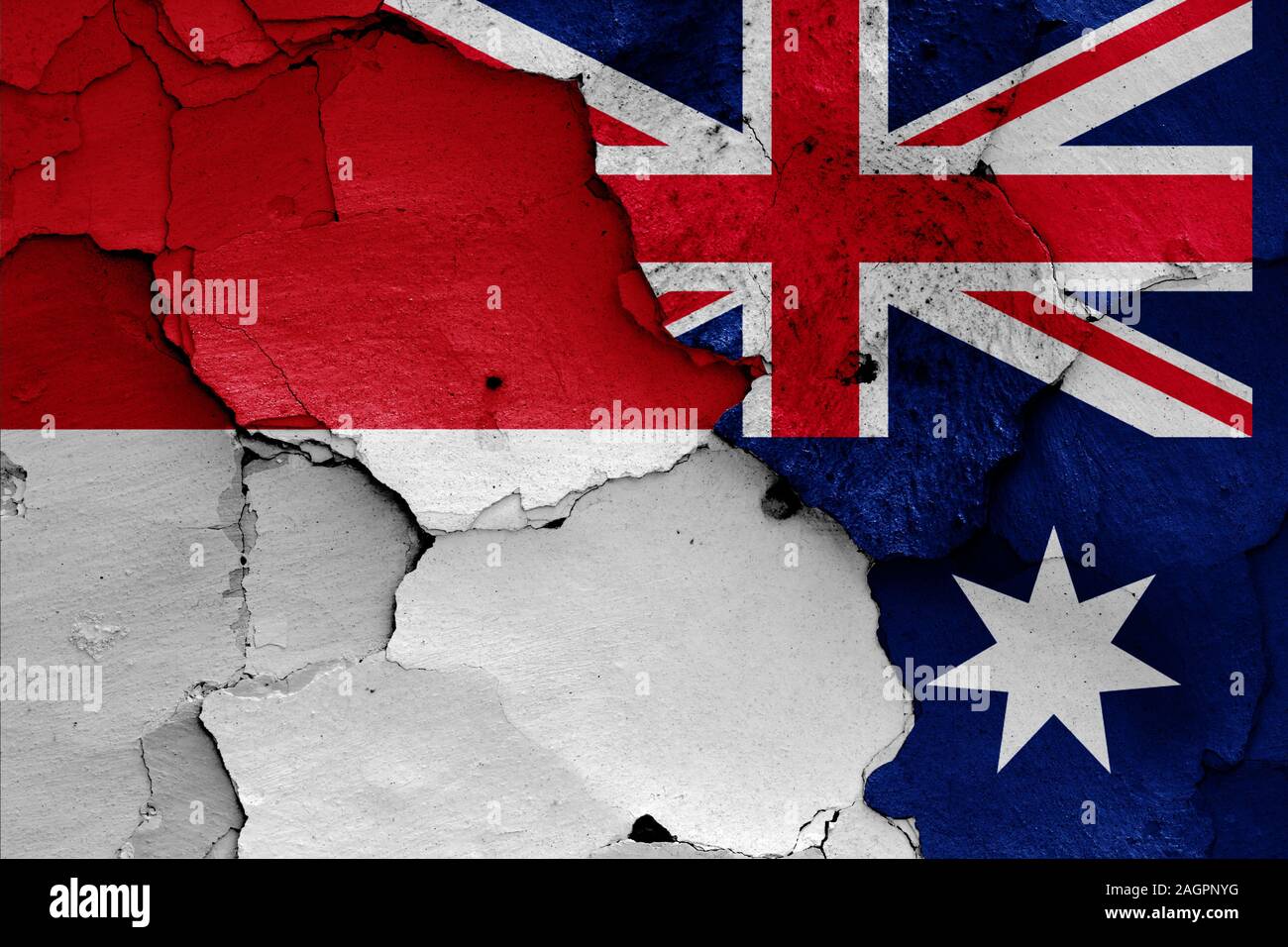 flags of Indonesia and Australia painted on cracked wall Stock Photo ...