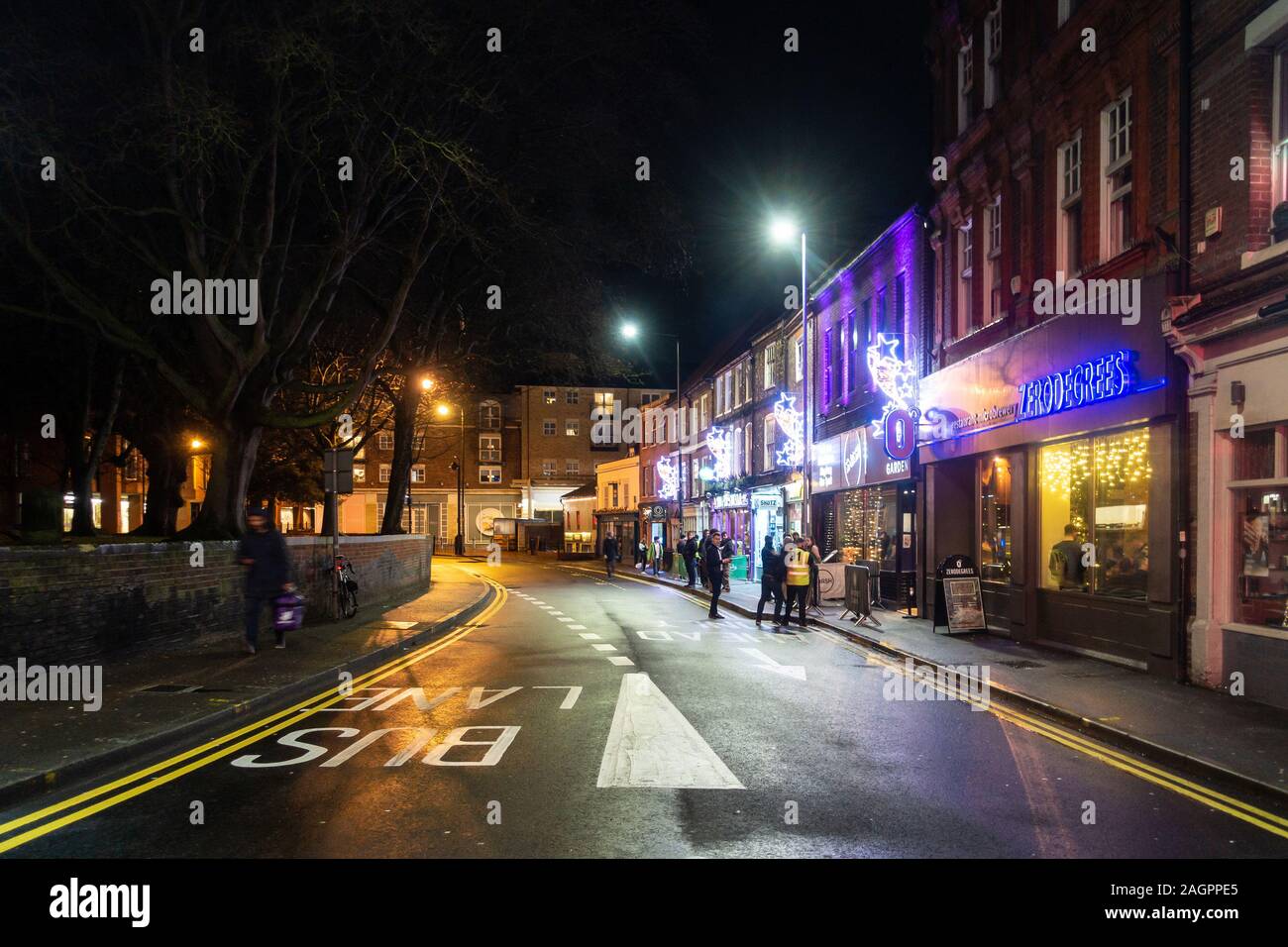Gun Street in Reading, UK seen here at night is home to a number of ...