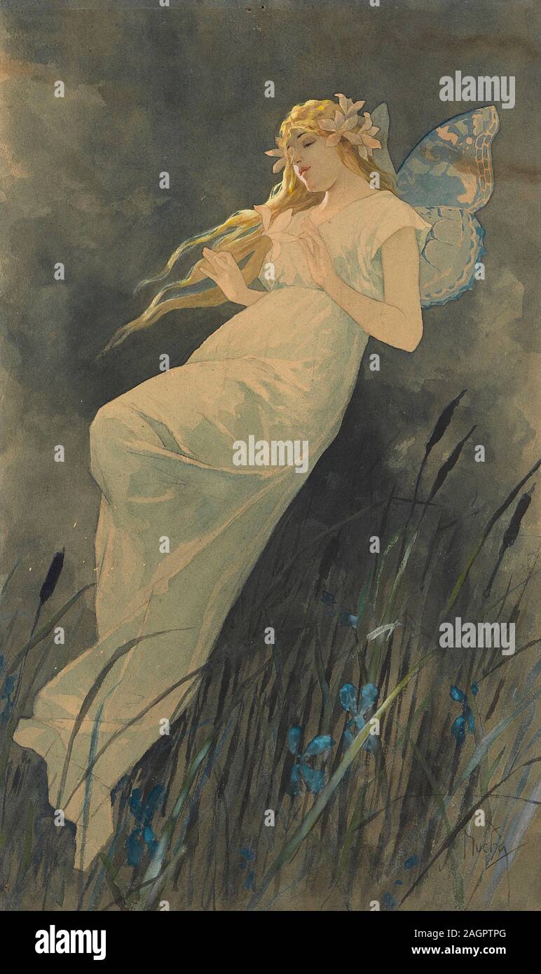 Elf with iris flowers. Museum: PRIVATE COLLECTION. Author: Alfons Marie ...