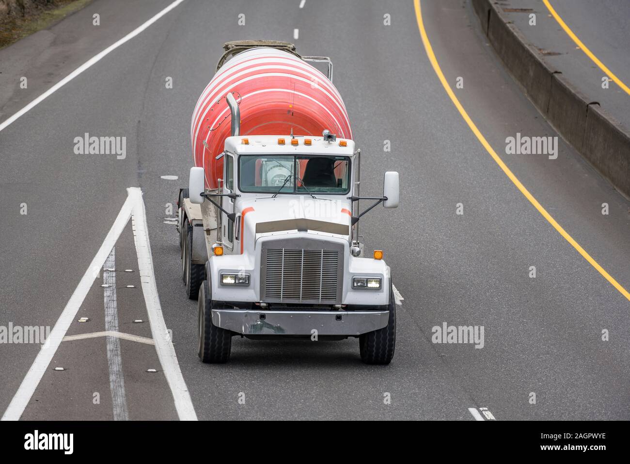 Big rig white powerful semi truck with specialized construction ...