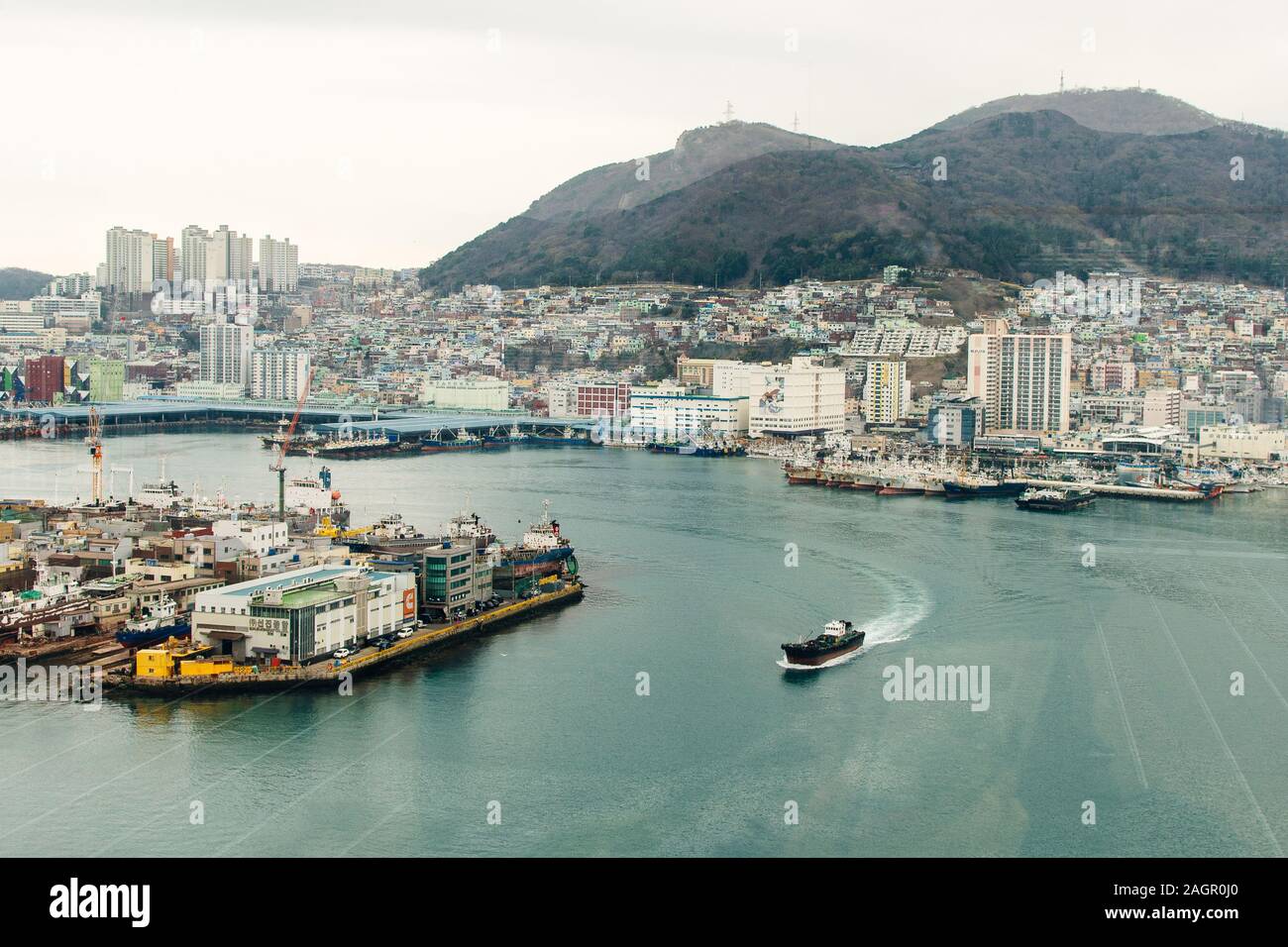 Busan city, South Korea - November 2019 Aerial view of Busan cityscape ...