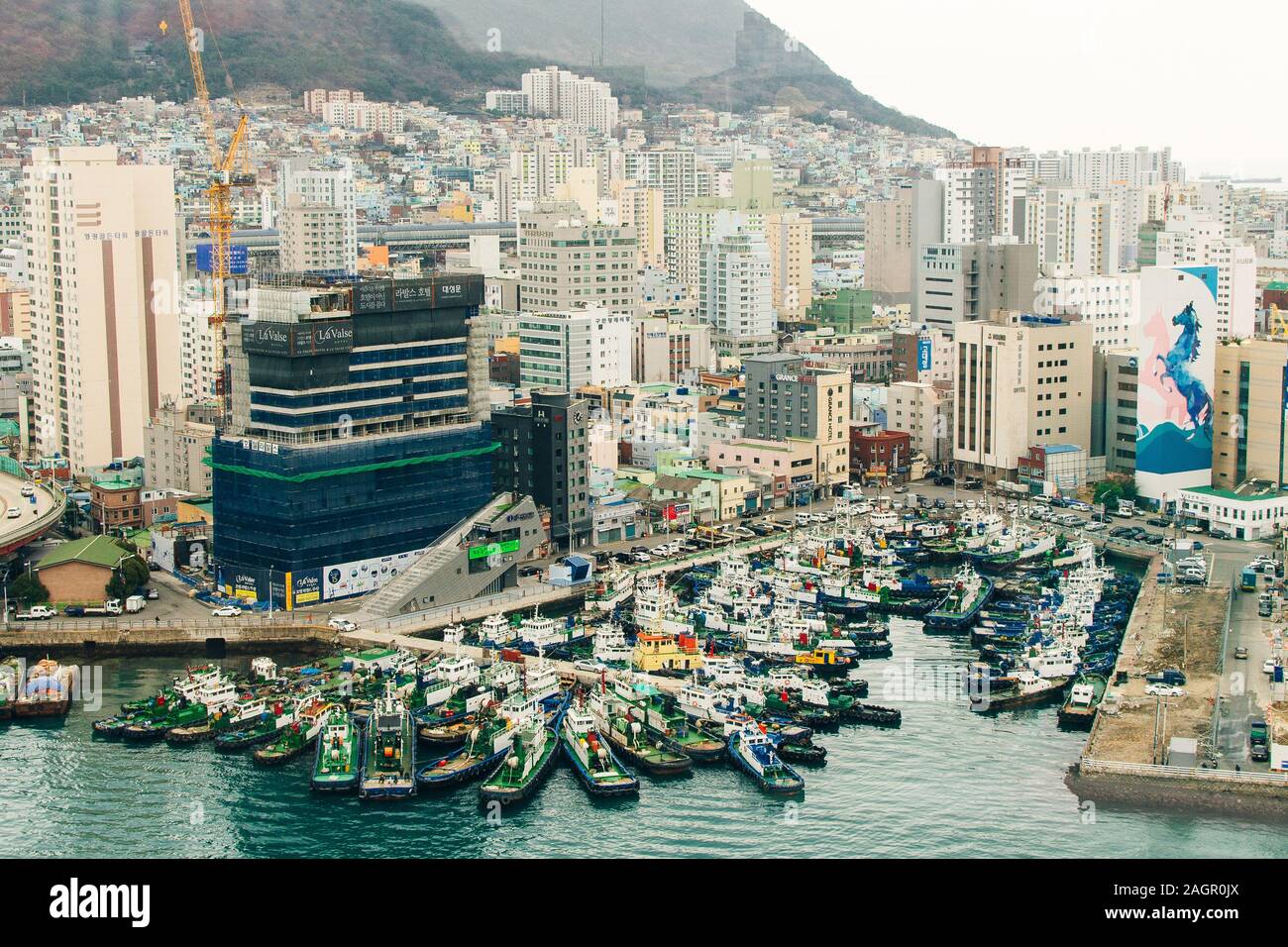 Busan city, South Korea - November 2019 Aerial view of Busan cityscape ...