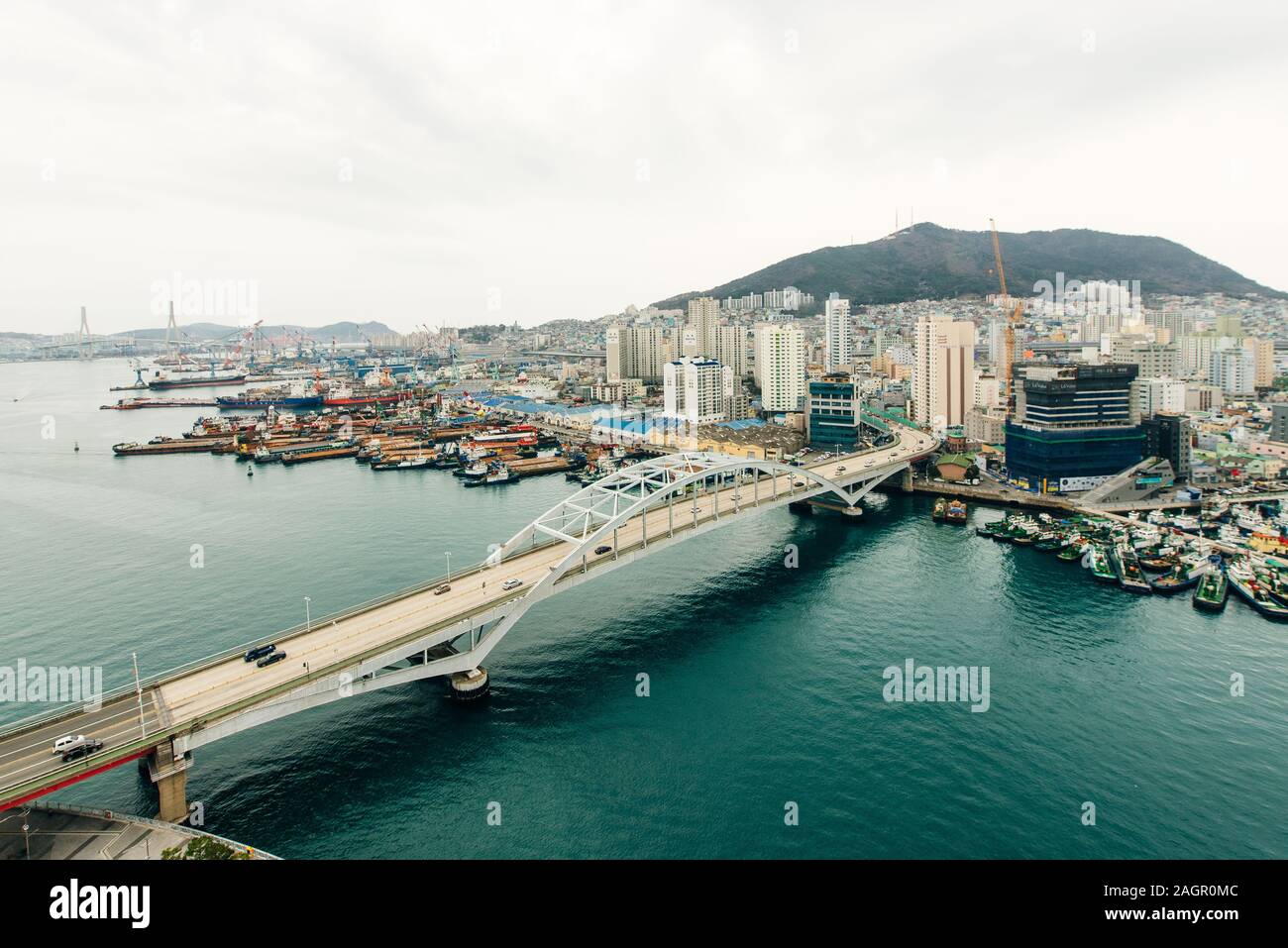 Busan city, South Korea - November 2019 Aerial view of Busan cityscape ...