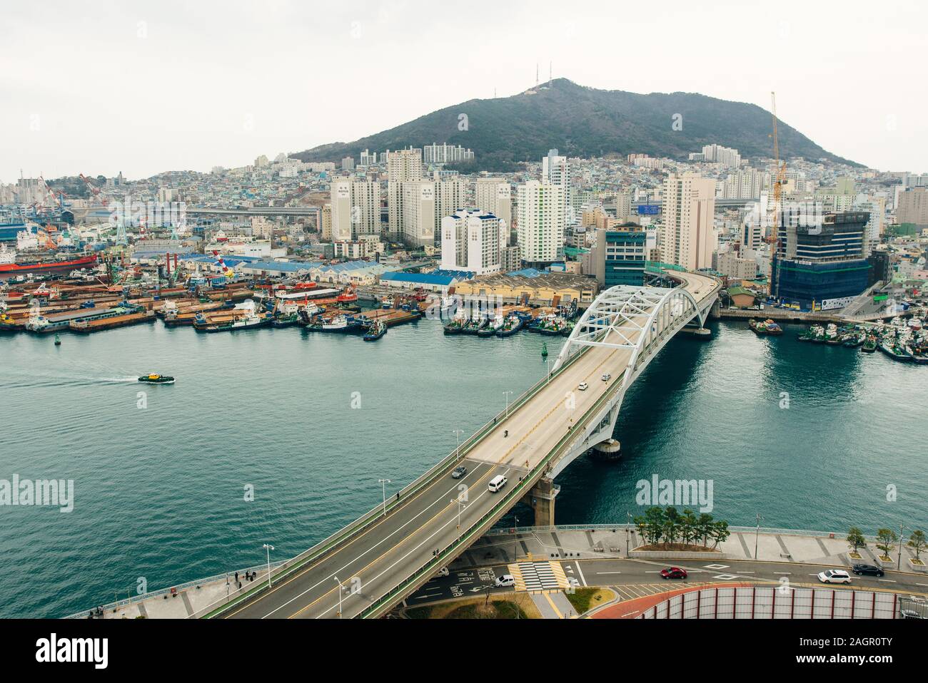Busan city, South Korea - November 2019 Aerial view of Busan cityscape ...