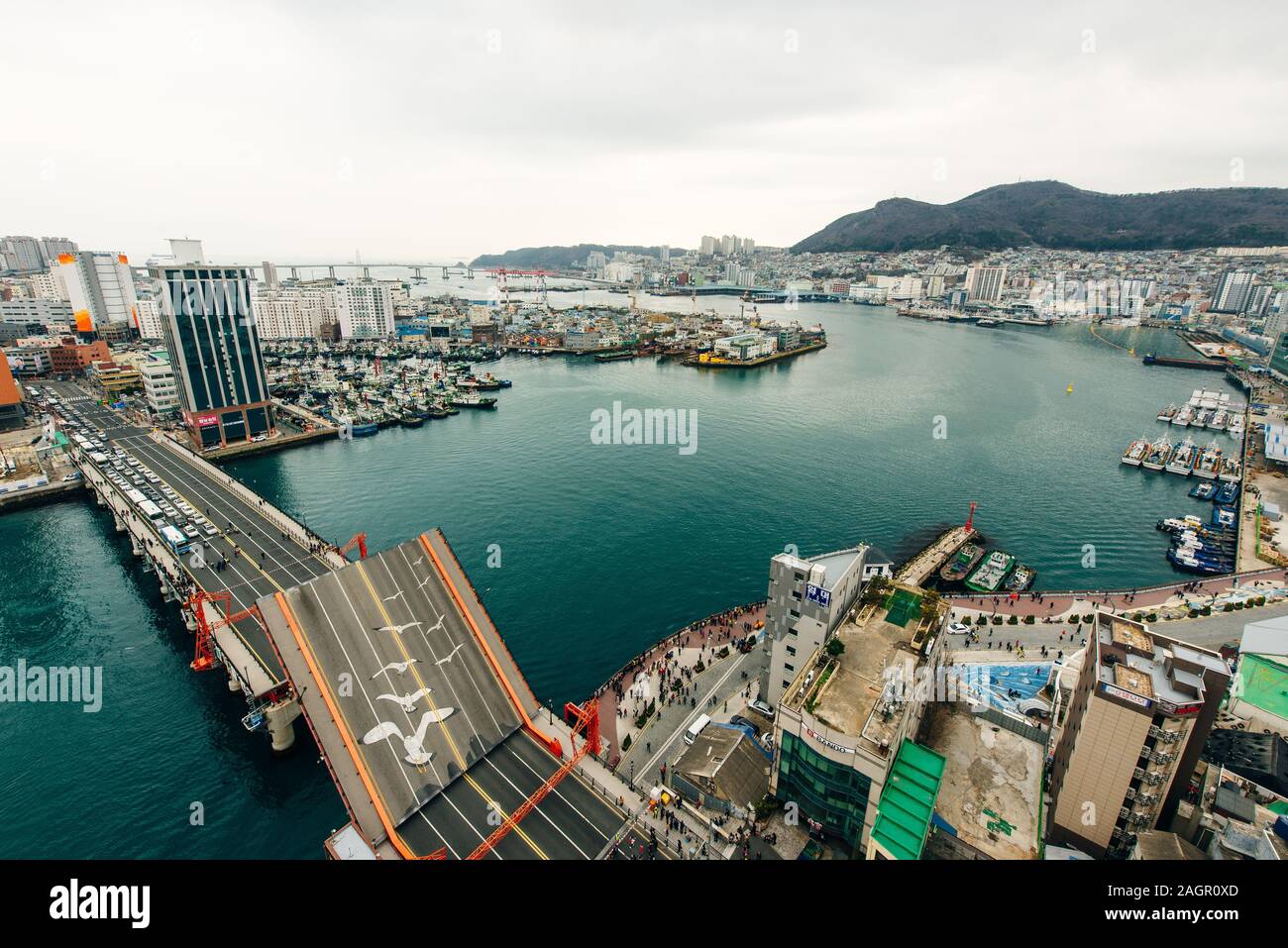Busan city, South Korea - November 2019 Aerial view of Busan cityscape ...